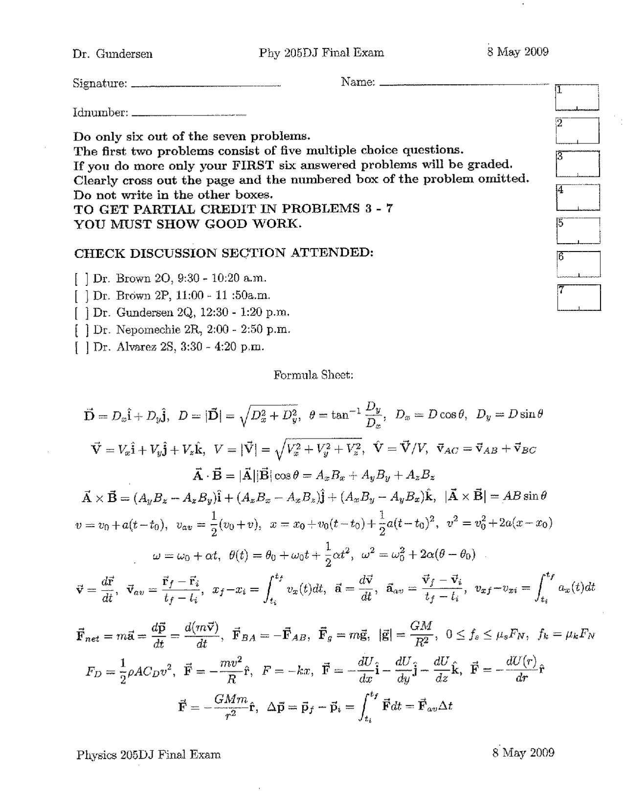 Final Exam With Answers Discussion Section Phy 205 Docsity