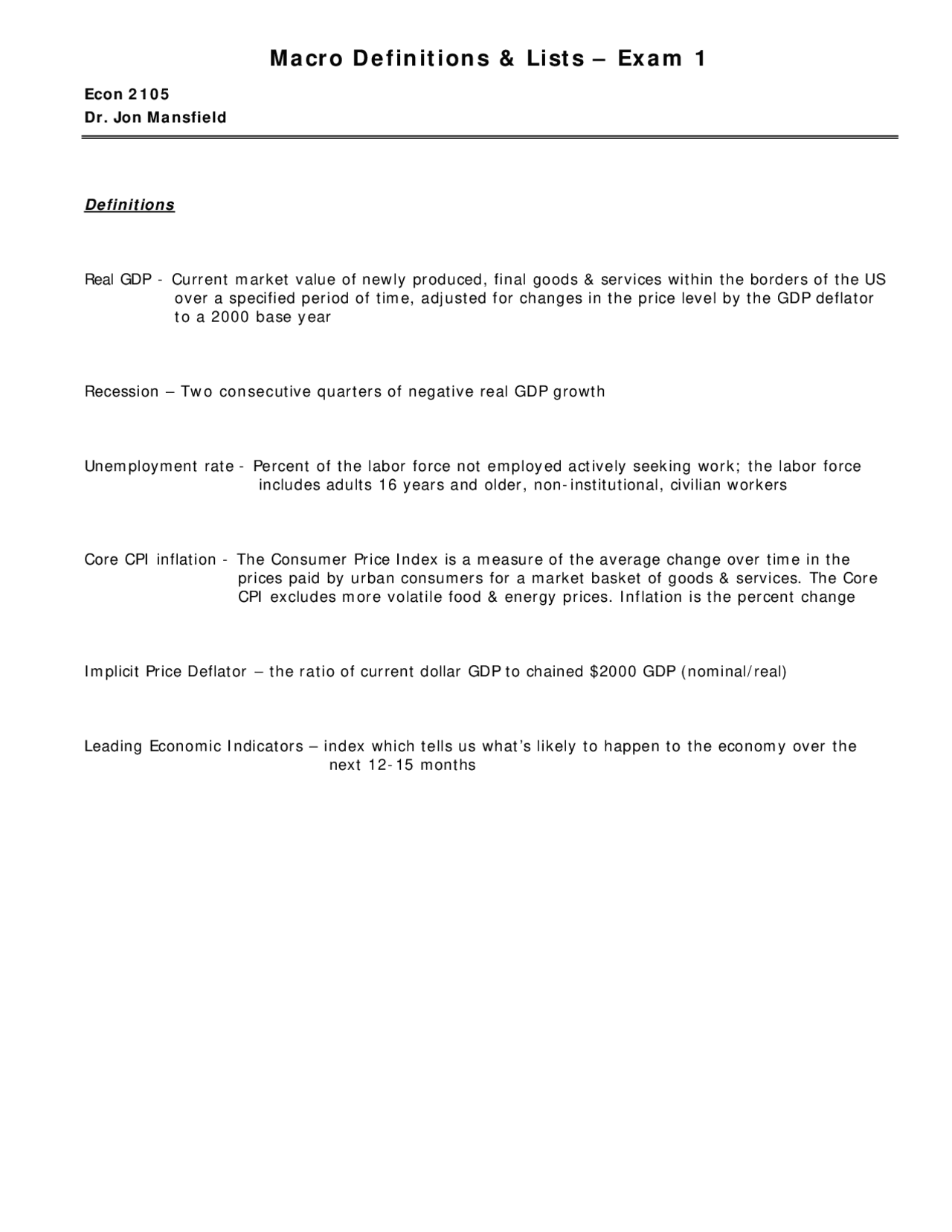 Definitions For Exam 1 Principles Of Macroeconomics Econ 2105 Docsity