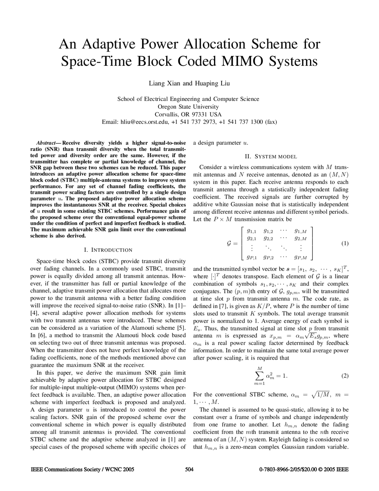 An Adaptive Power Allocation Scheme For Space Time Block Coded Mimo