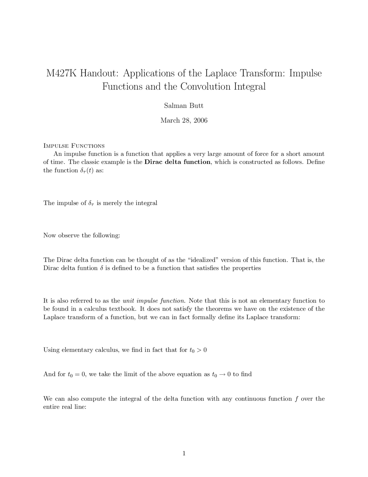 Applications Of Laplace Transform Impulse Functions Assignment M