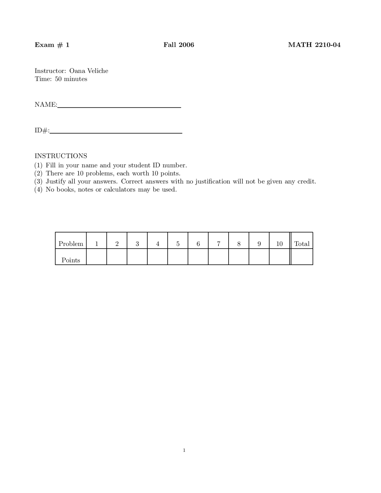10 Problems For Calculus Iii Old Exam 1 Math 2210 Docsity