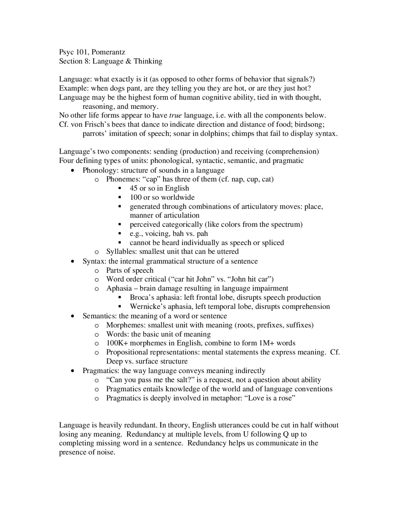 Language And Thinking Lecture Notes Psyc 101 Docsity