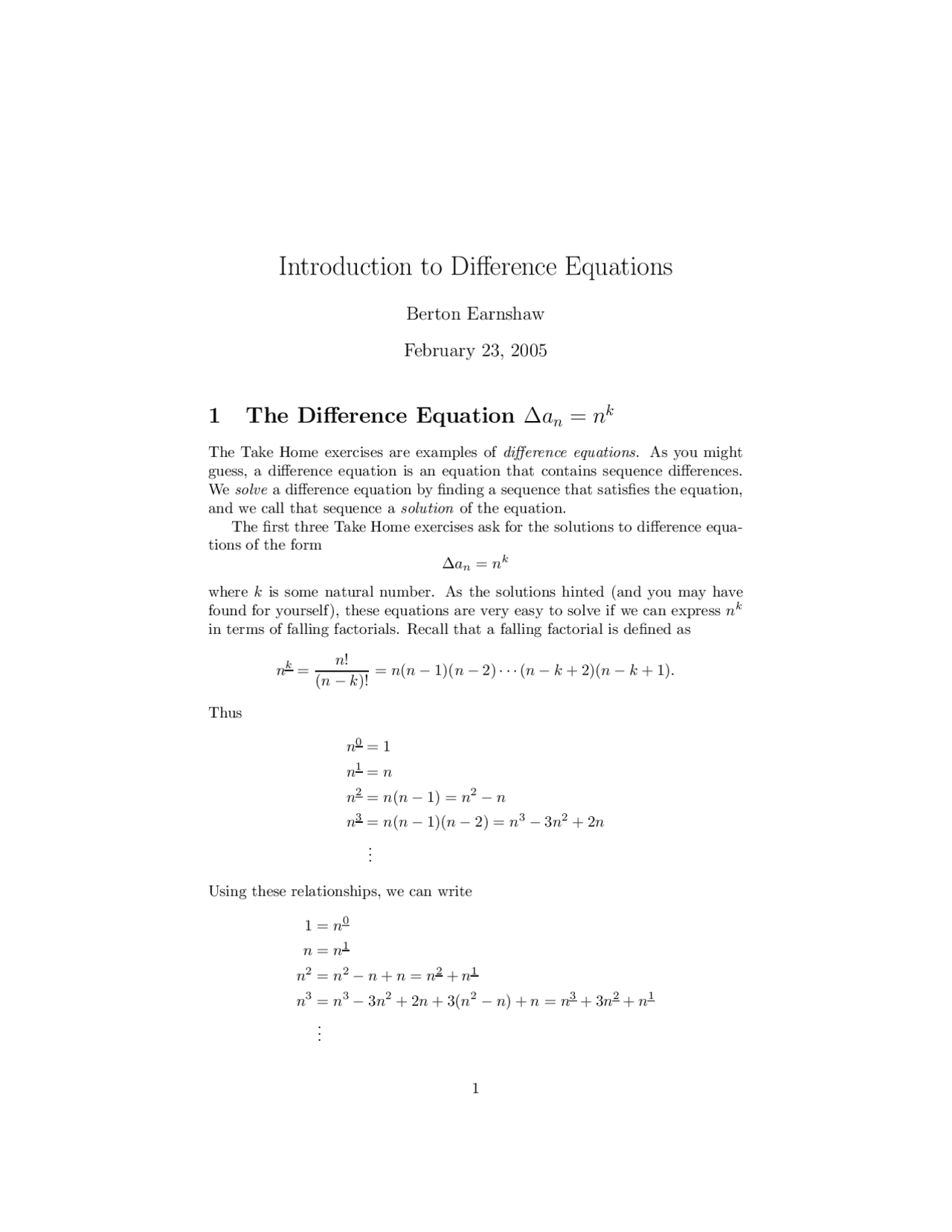 Introduction To Difference Equations Lecture Notes Math 5110 Docsity