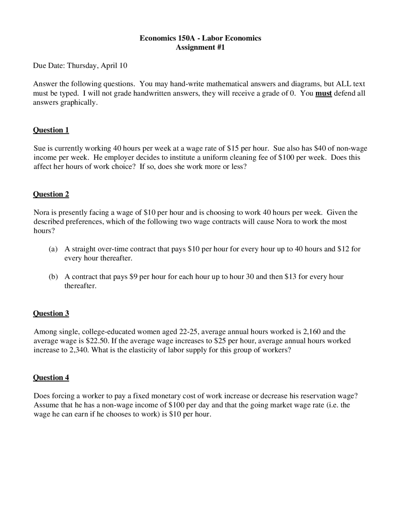 Labor Economics Assignment 1 Sample Questions Mus 150 Docsity