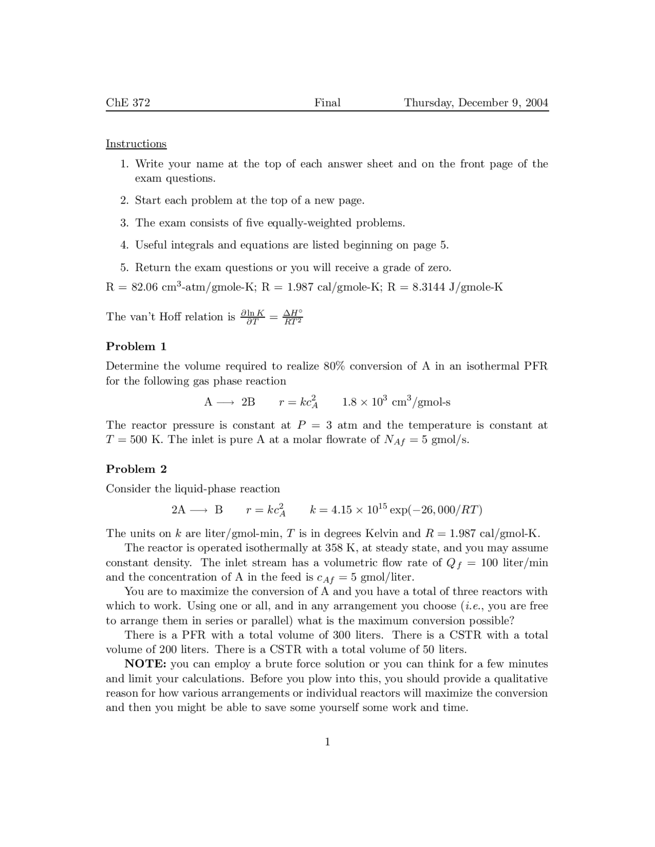 Final Exam With Solution Chemistry Reactor Analysis And Design Che