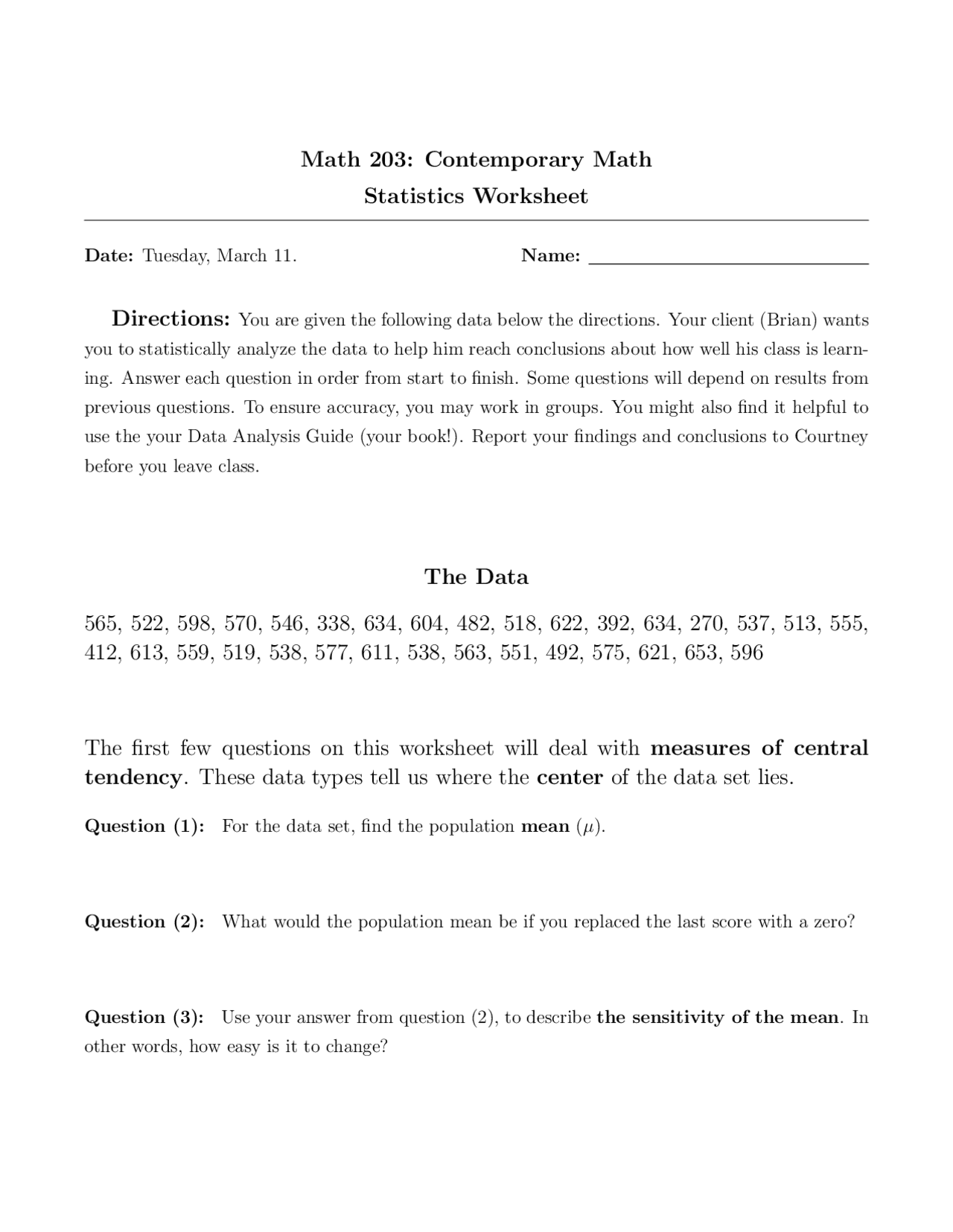 Contemporary Mathematics Statistics Worksheet | MATH 203 - Docsity