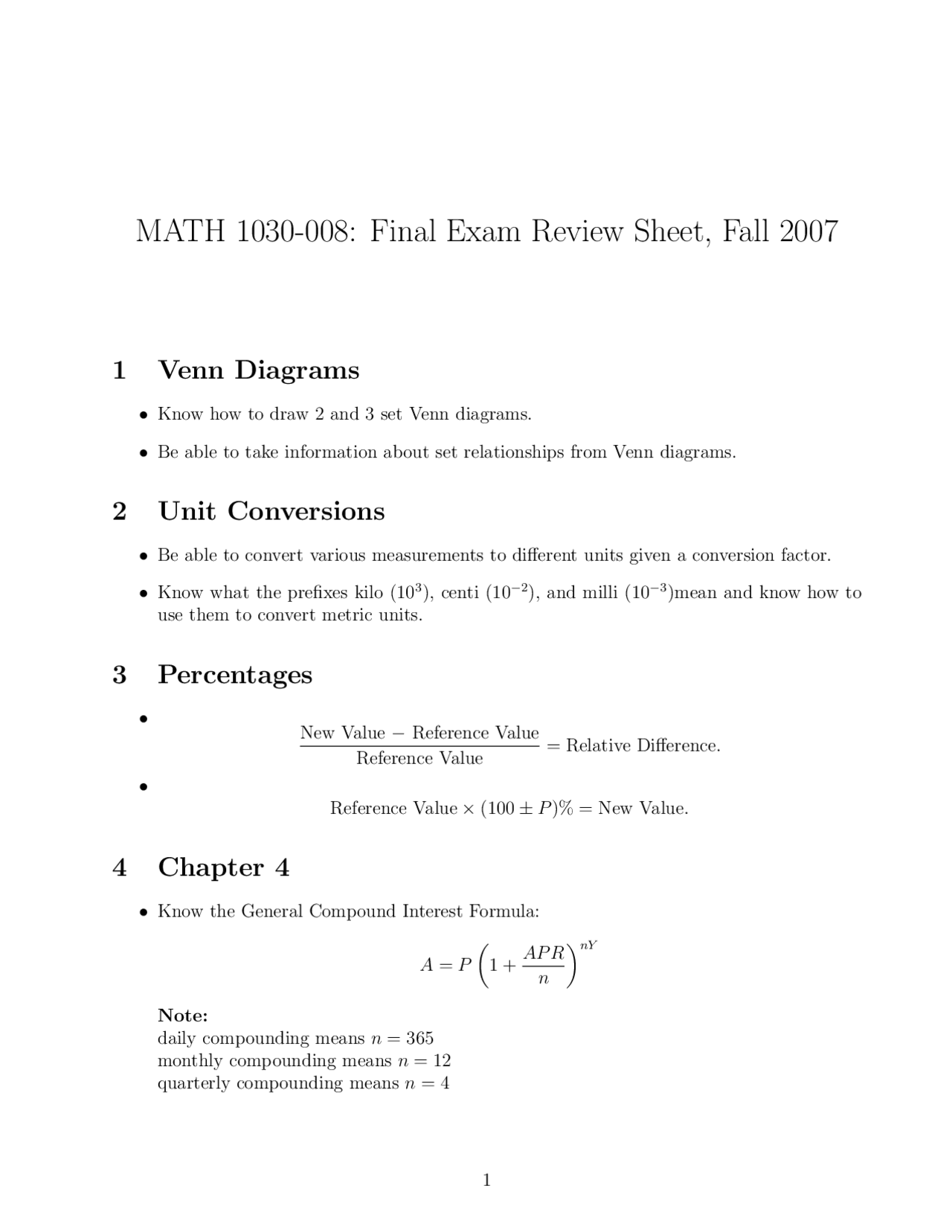 Final Exam Review Sheet For Introduction To Quantitative Reasoning