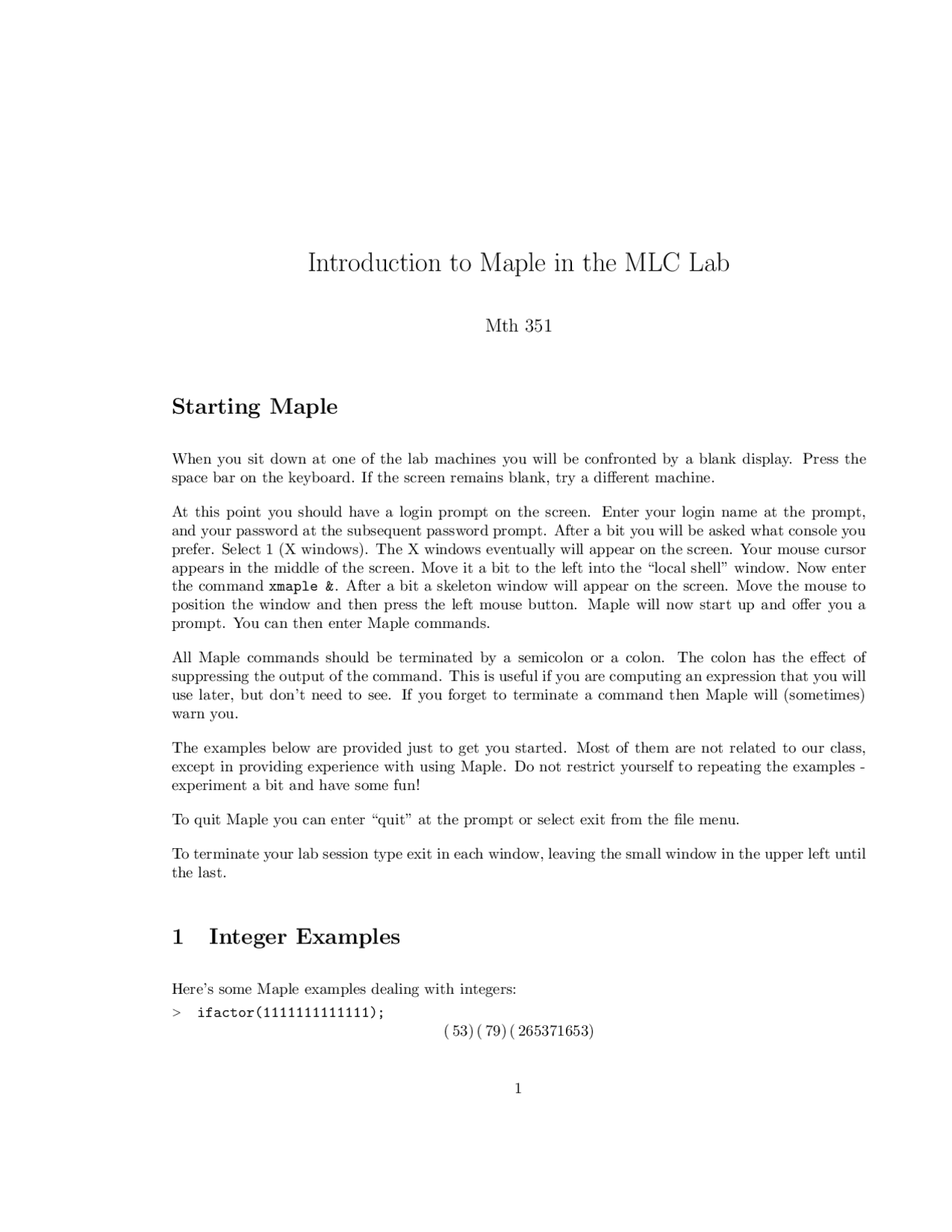 Introduction To Maple In The Mlc Laboratory Mth 351 Docsity