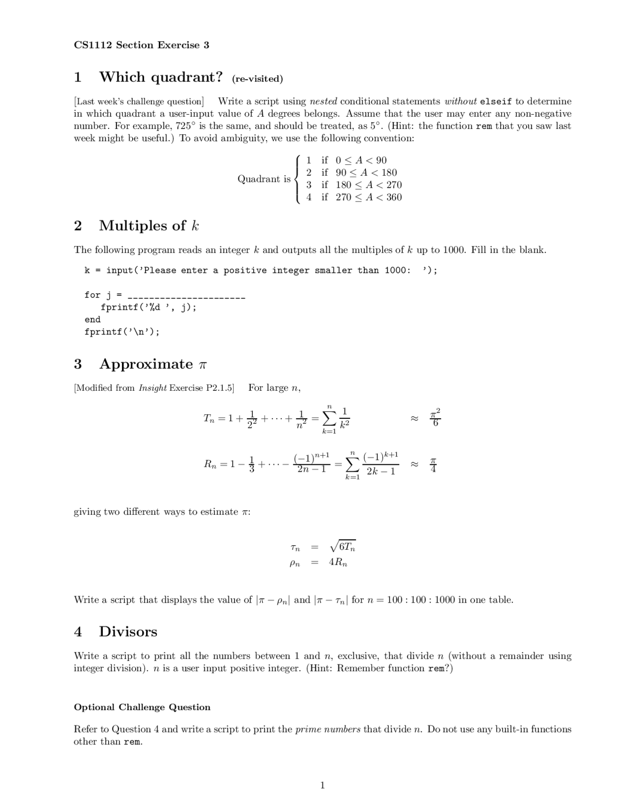 Which Quadrant Introduction To Computing Using Matlab Cs 1112 Docsity
