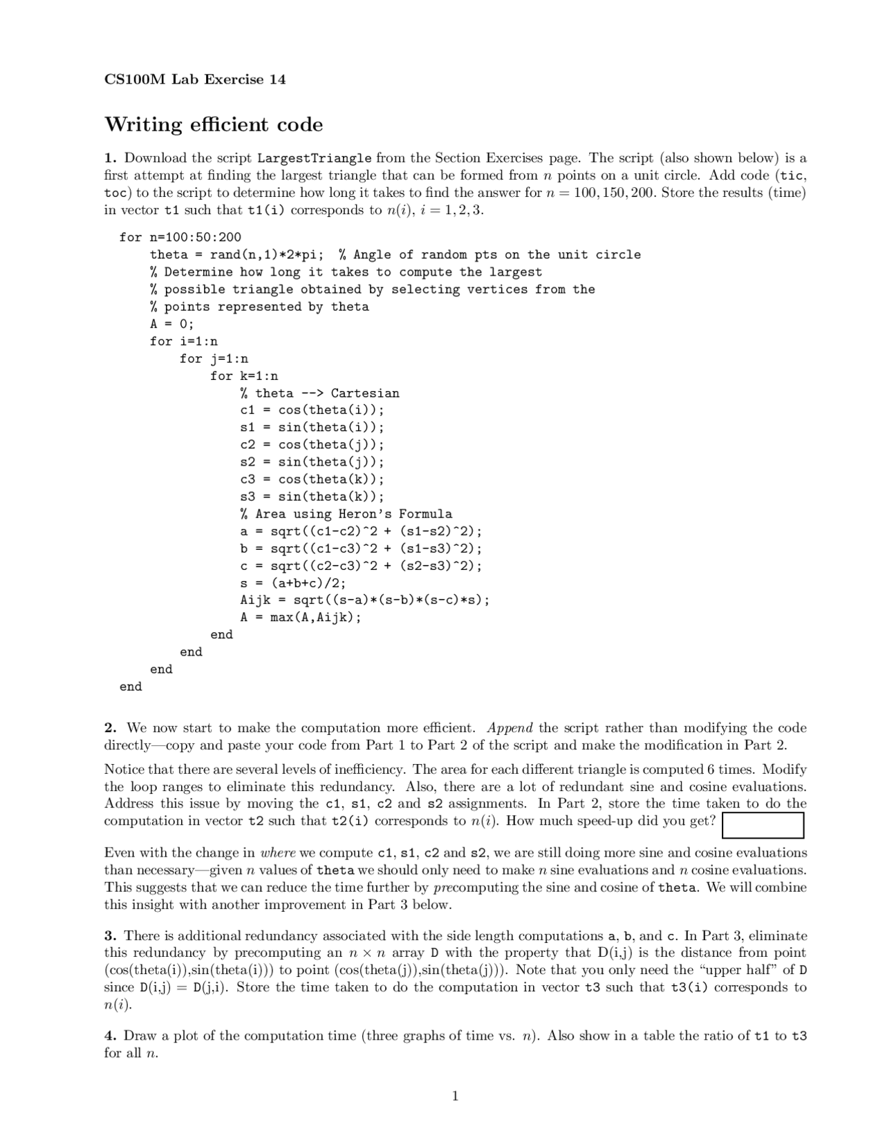 Writing Efficient Code - Lab Exercise 14 | CS 1112 - Docsity