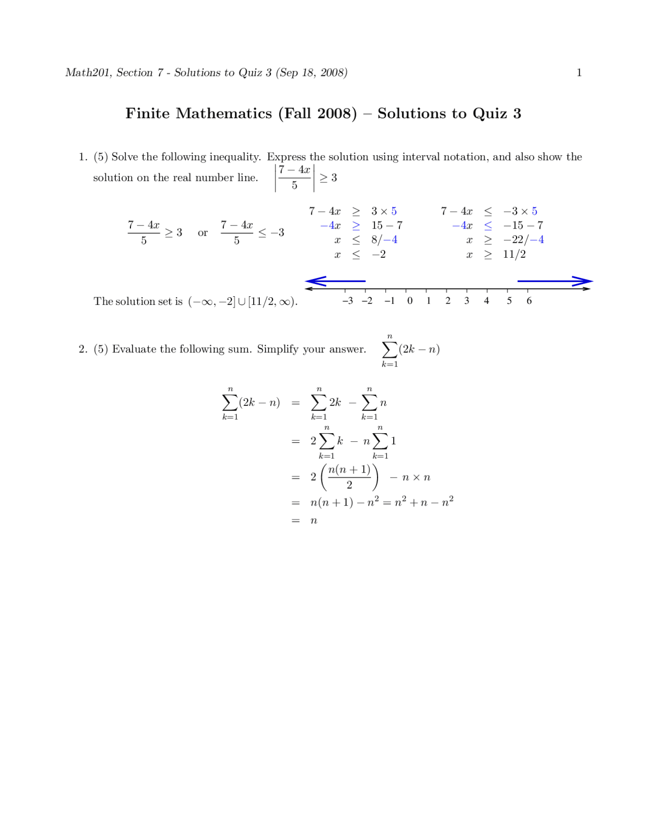 Introduction To Finite Mathematics Solutions To Quiz 3 Math 201