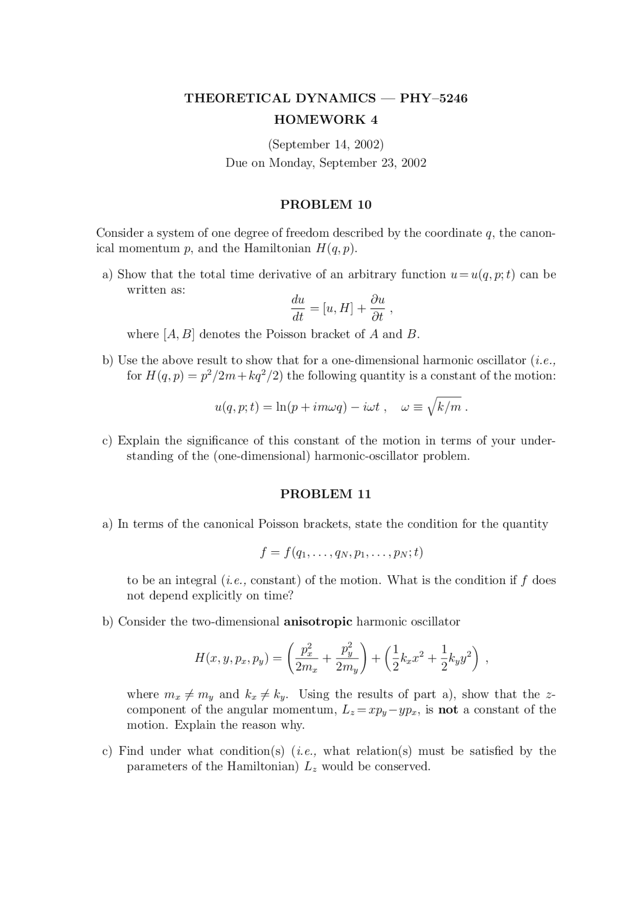 Homework 4 Problems On Theoretical Dynamics Phy 5246 Docsity