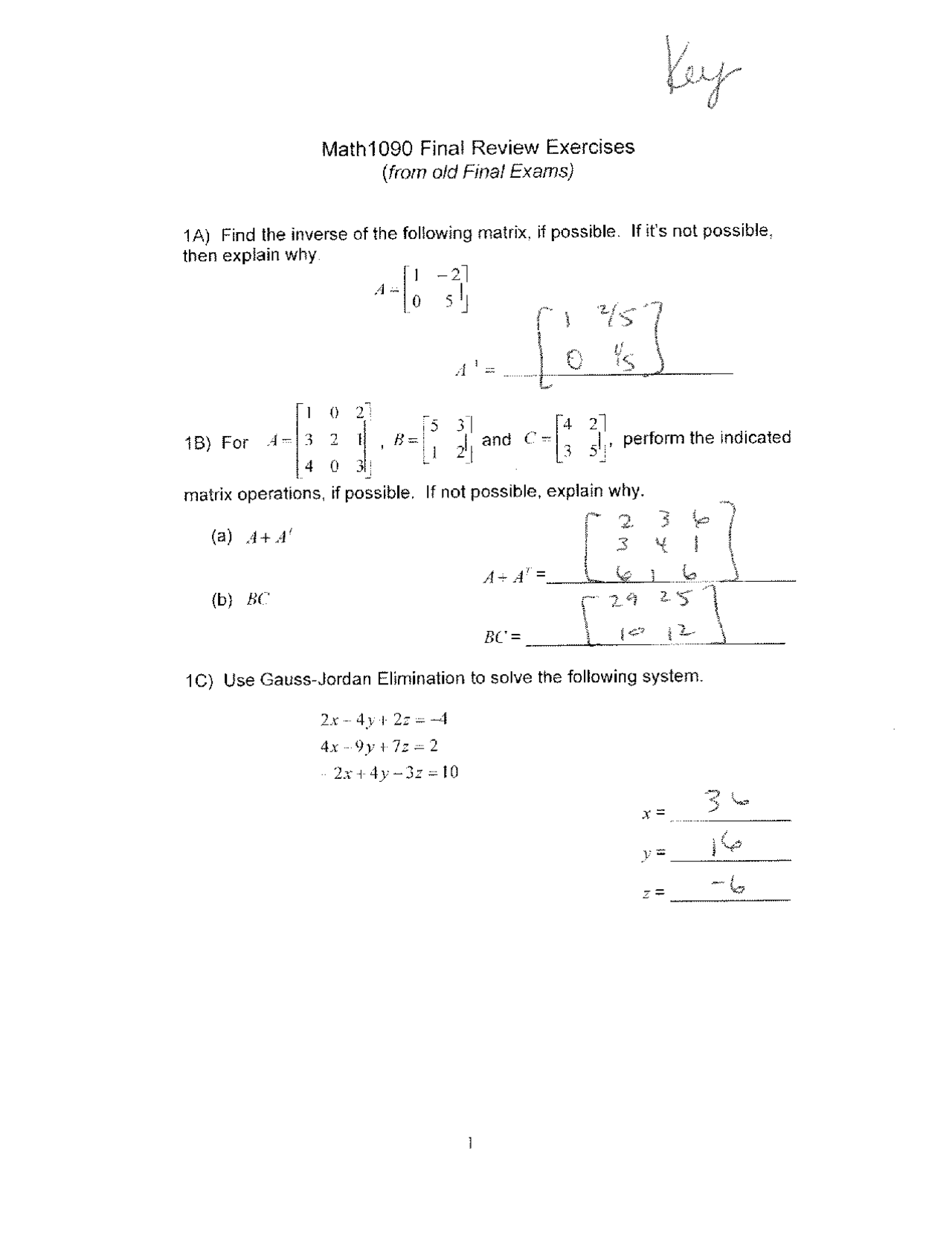Final Review Key Exercises from old Final Exams - College Algebra ...