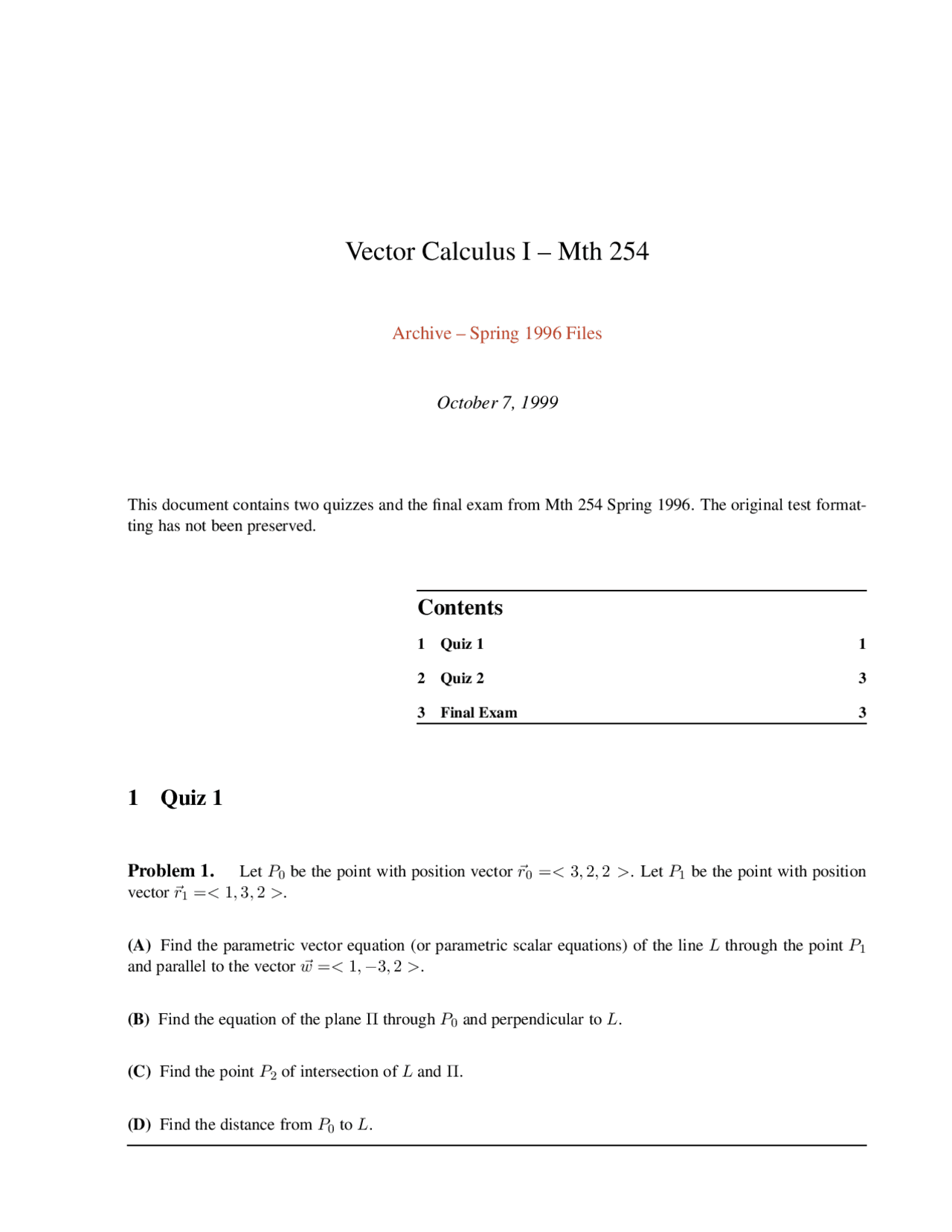 17 Problems For Final Exam Vector Calculus Mth 254 Docsity
