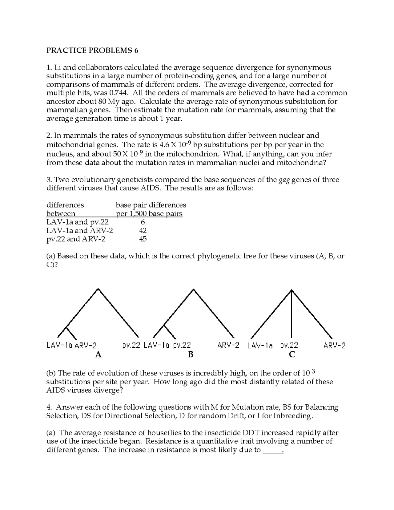 Practice Problems 6 For Genetics Ecol 320 Docsity