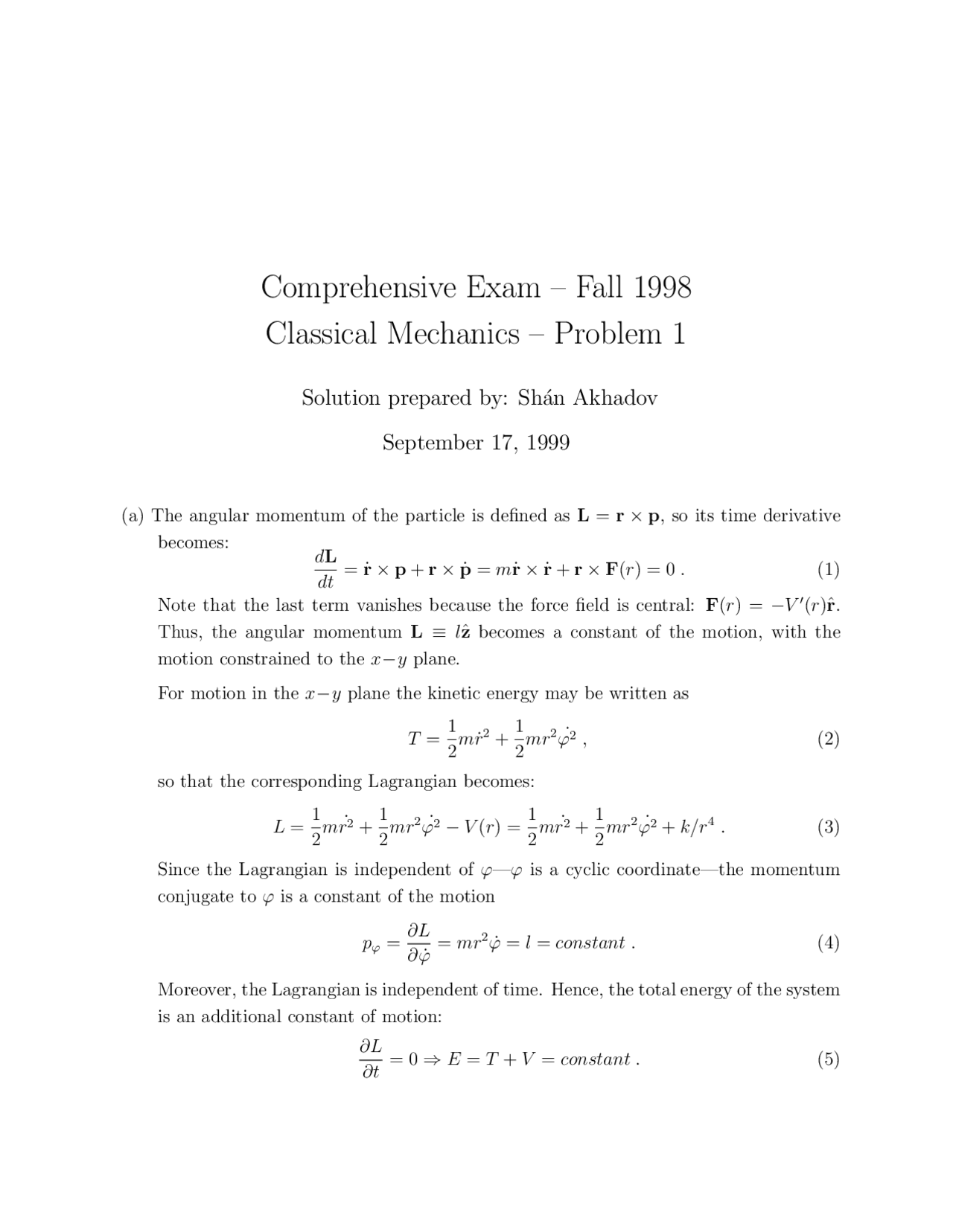 Comprehensive Exam - Classical Mechanics - Fall 1998 | PHY 6938 - Docsity