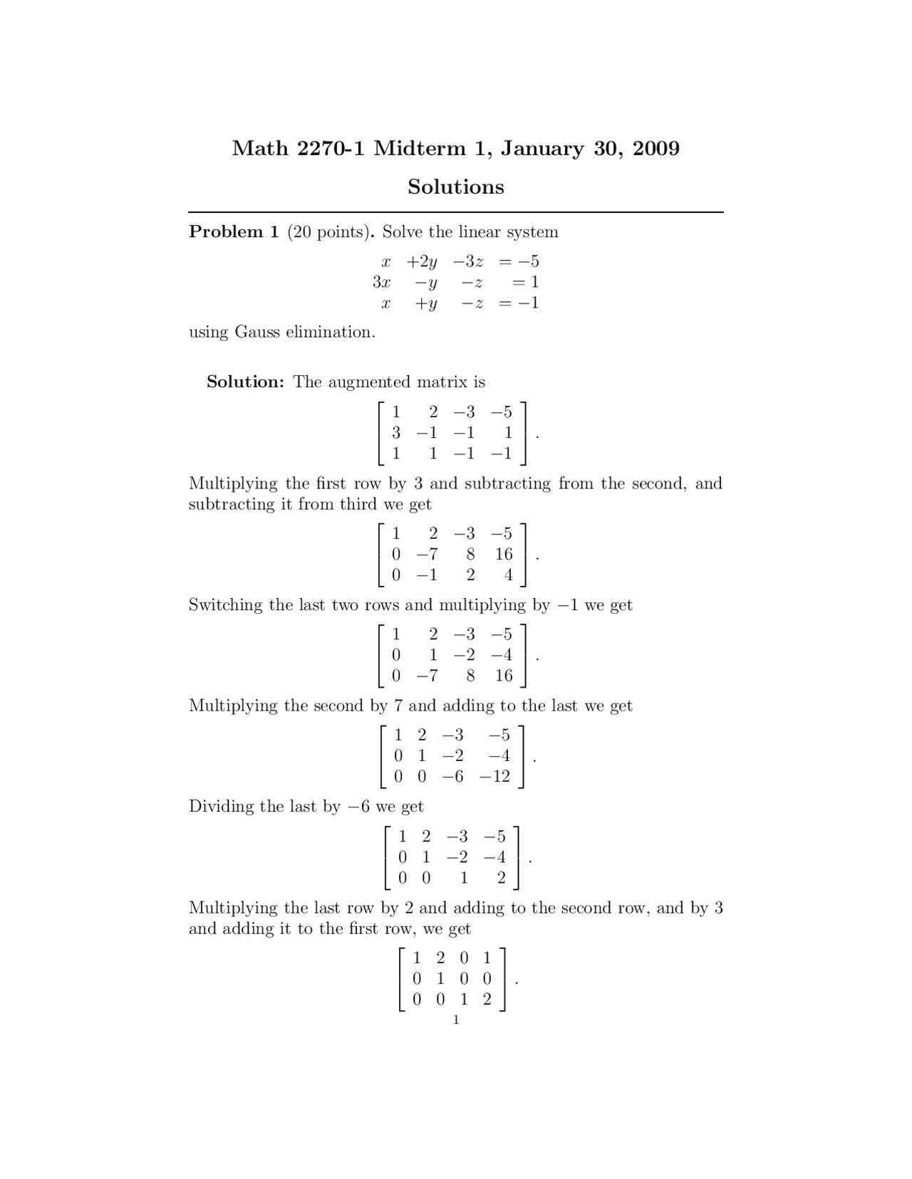 Midterm Exam 1 With Answers Linear Algebra Math 2270 Docsity