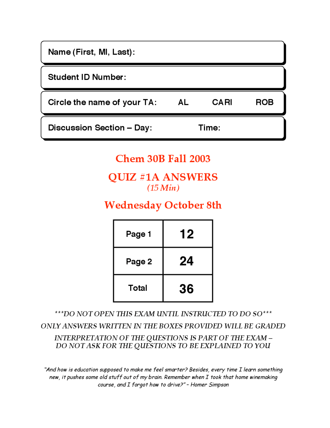 Quiz 1a Answers Organic Chemistry Ii Chem 30b Docsity