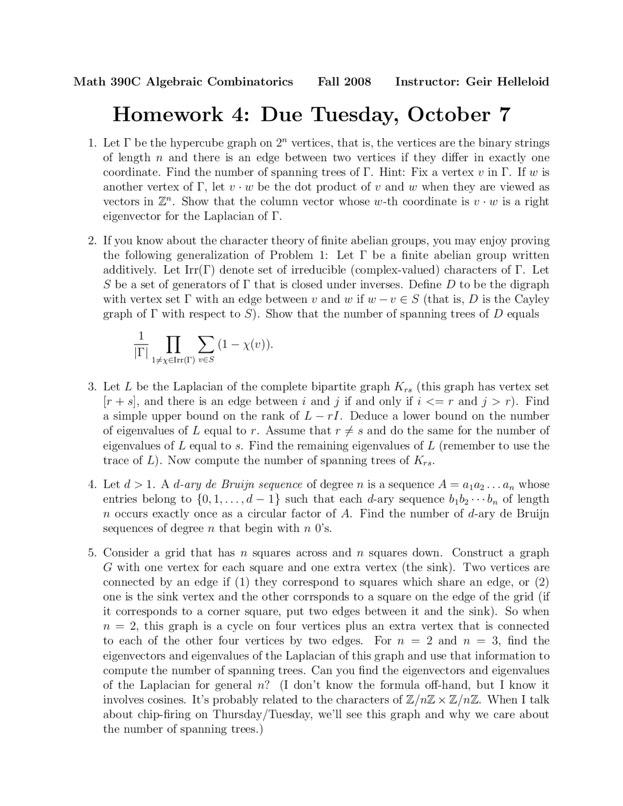 8 Problems On The Algebraic Combinatorics Assignment 4 M 390c Docsity