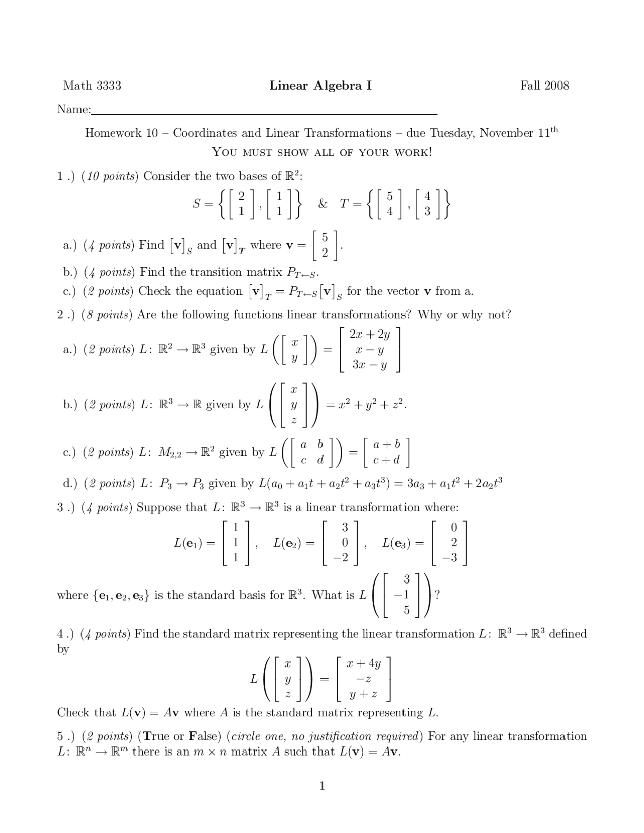 Linear Algebra I - 5 Questions for Practice Assignment 10 | MATH 3333 ...