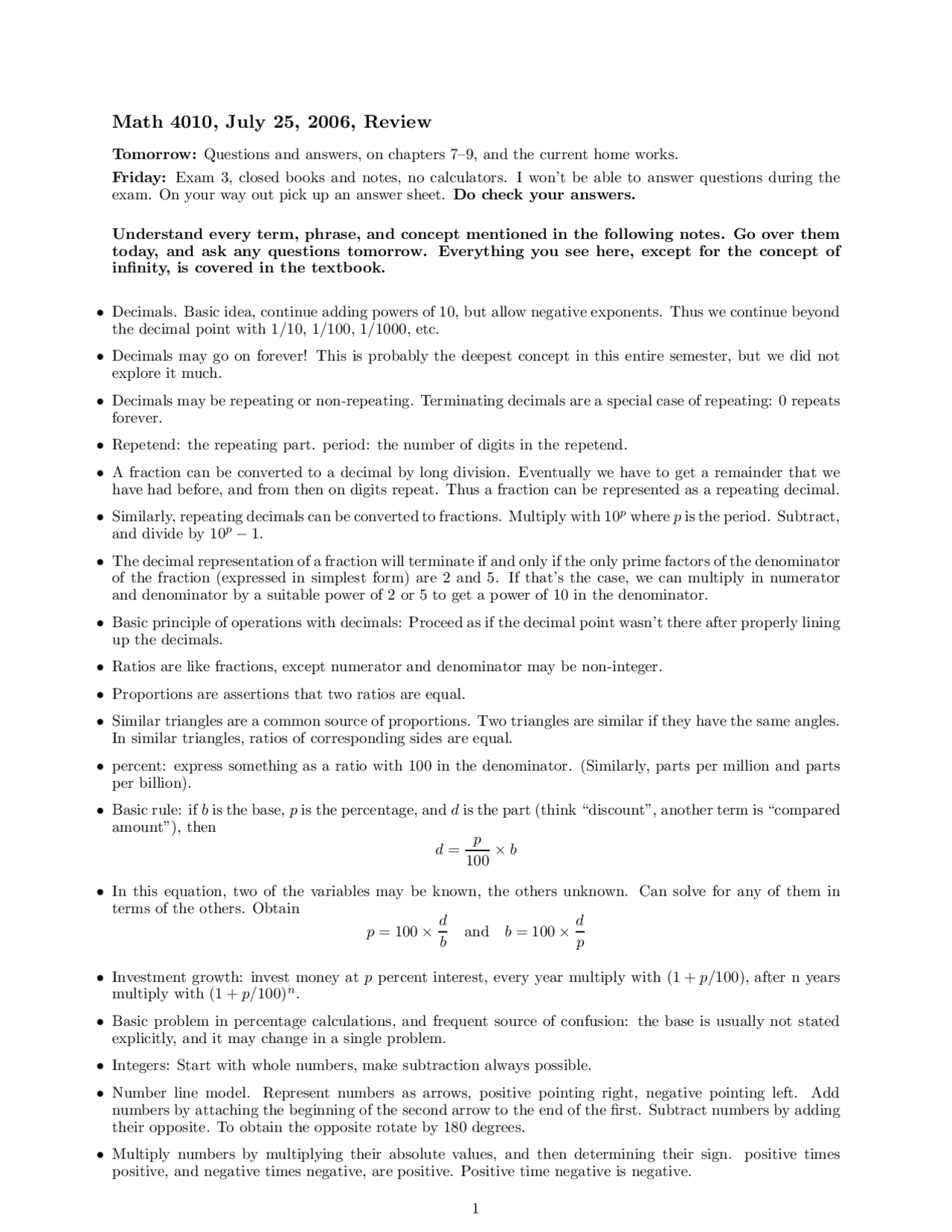 Review Sheet For Mathematics Elementary Math 4010 Docsity
