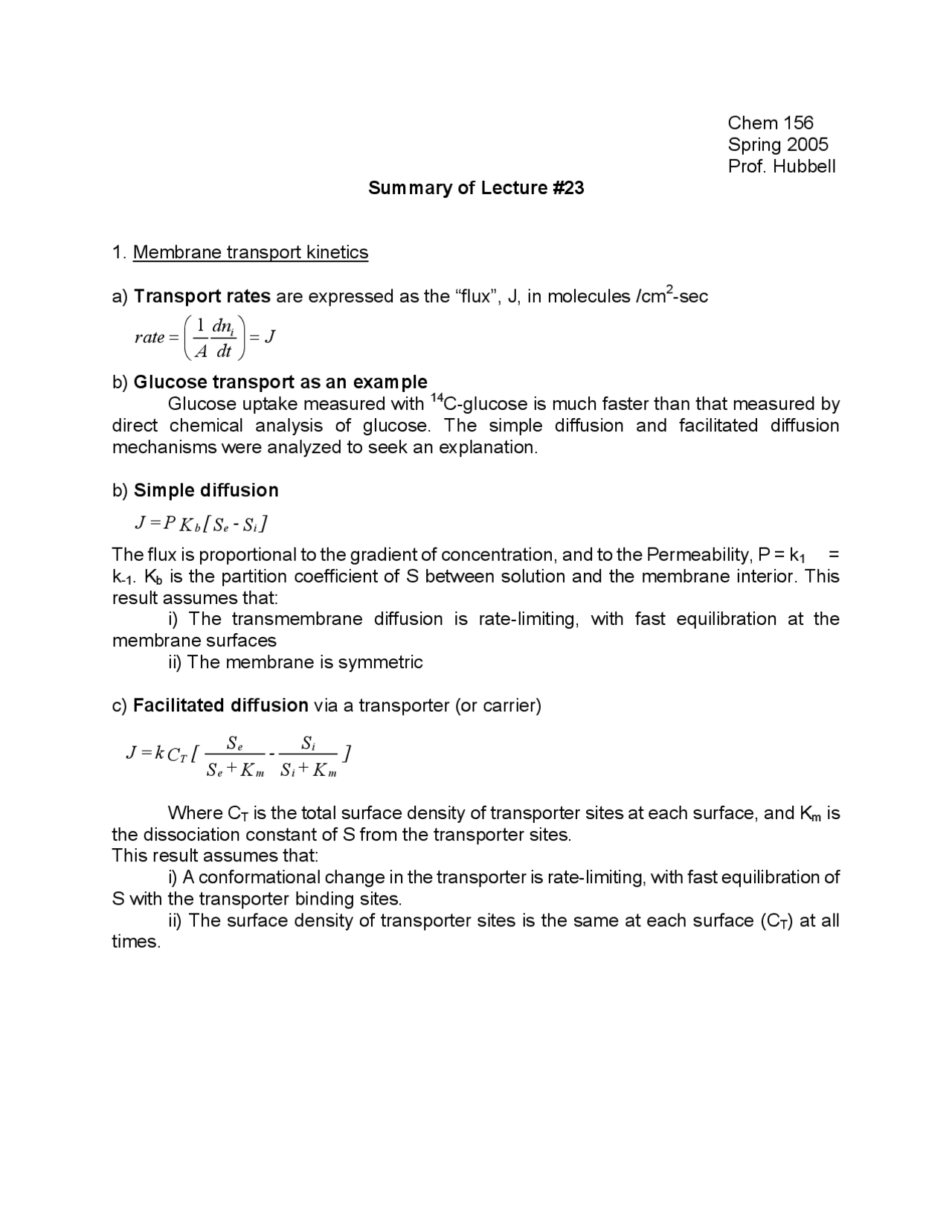 Membrane Transport Kinetics Physical Biochemistry Class Notes