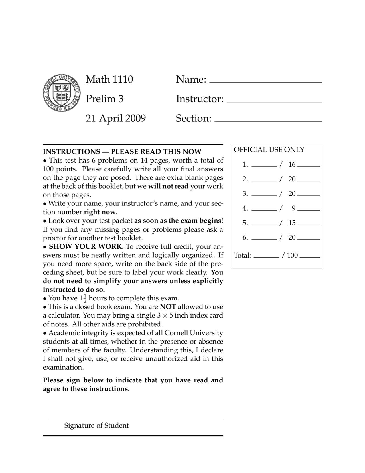 Prelim Exam 3 - Calculus I - Fall 2009 | MATH 1110 - Docsity
