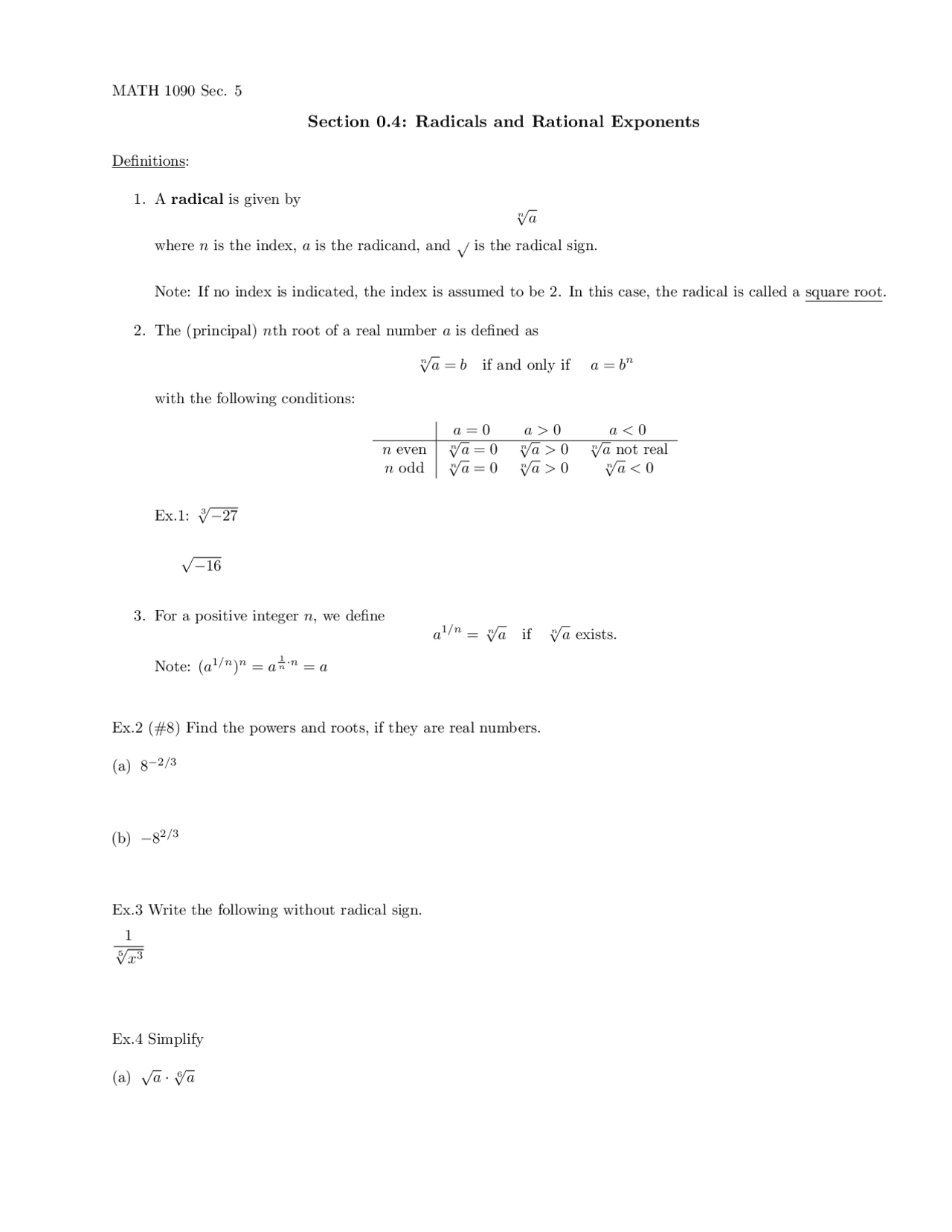Notes on Radicals and Rational Exponents | MATH 1090 | Study notes ...