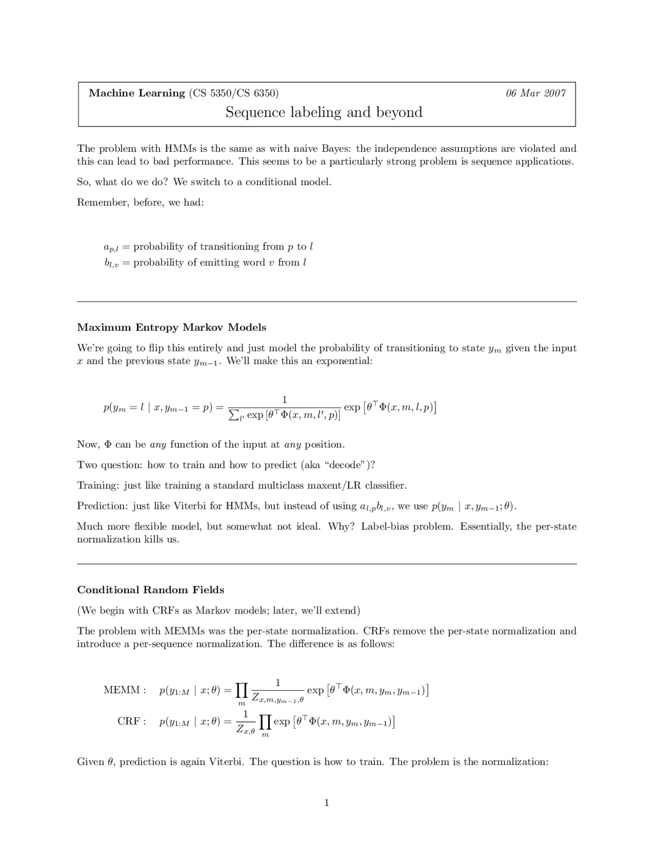 Sequence Labeling And Beyond Machine Learning Cs 5350 Docsity