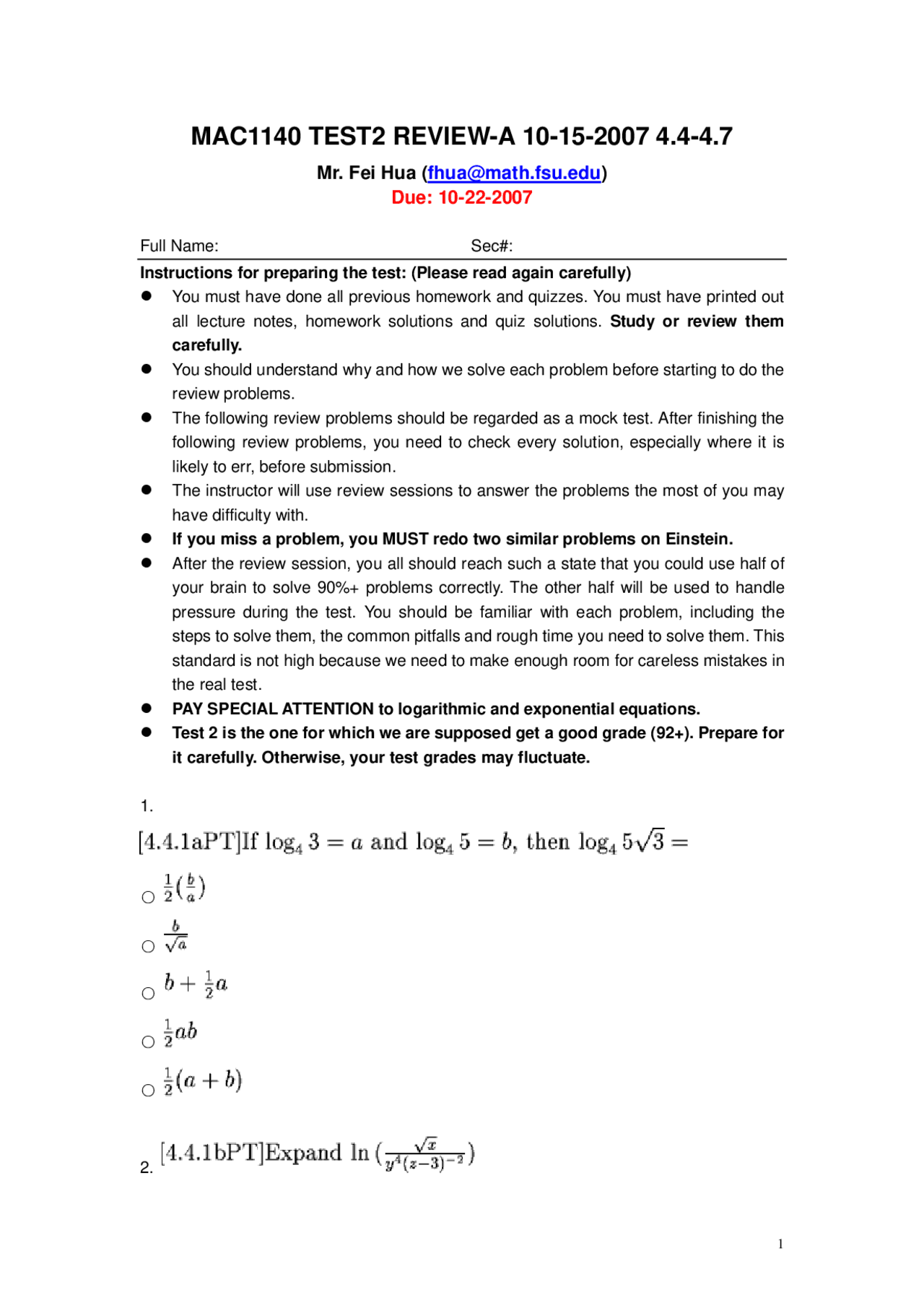 MAC1140 Test 2 Review: Preparation Instructions and Sample Problems ...