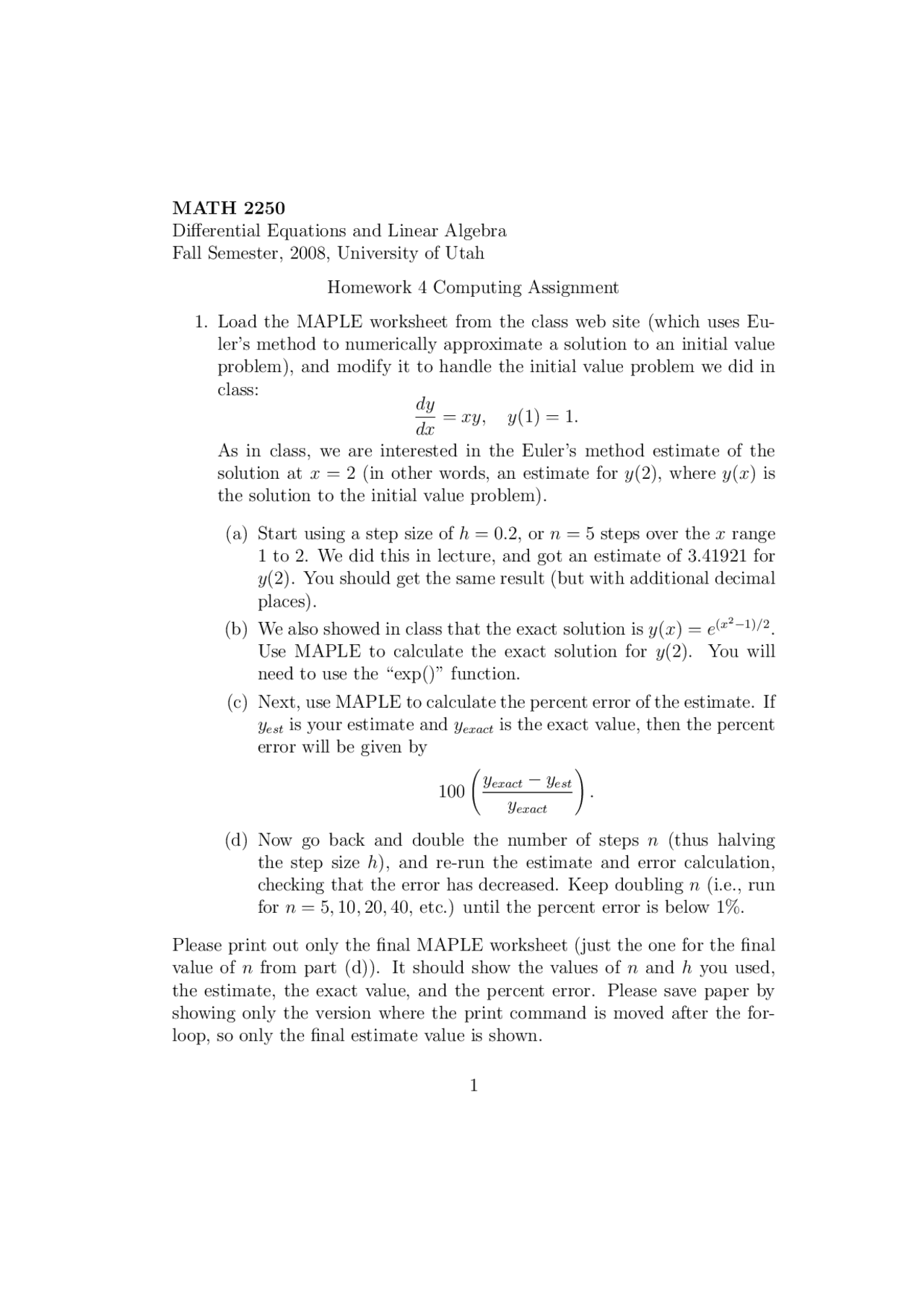 Homework 4 Problems - Linear Algebra and Differential Equations | MATH 2250 - Docsity