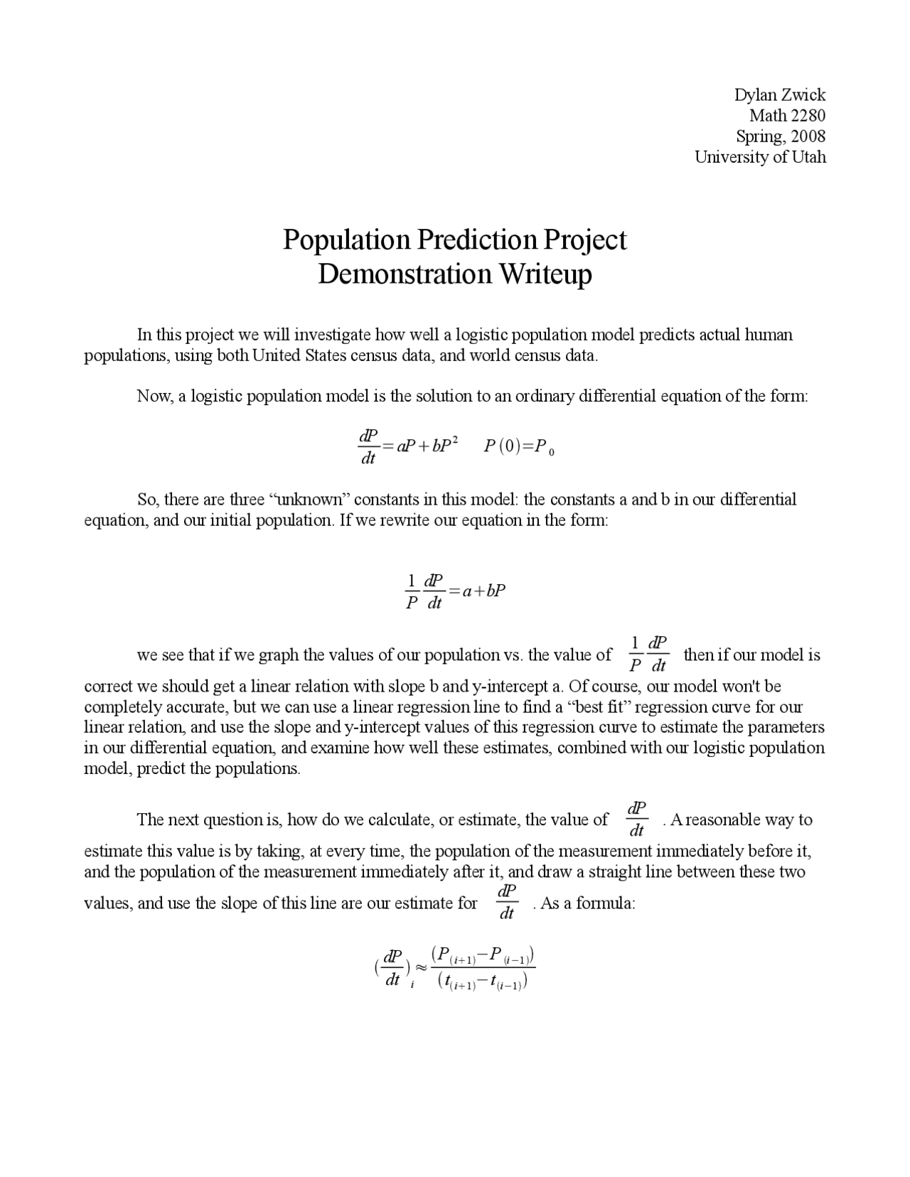 Population Prediction Project Demonstration Writeup Math 2280 Docsity