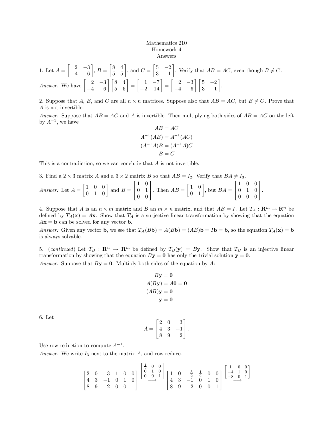 Homework Iv Answers Linear Algebra Mt 210 Docsity