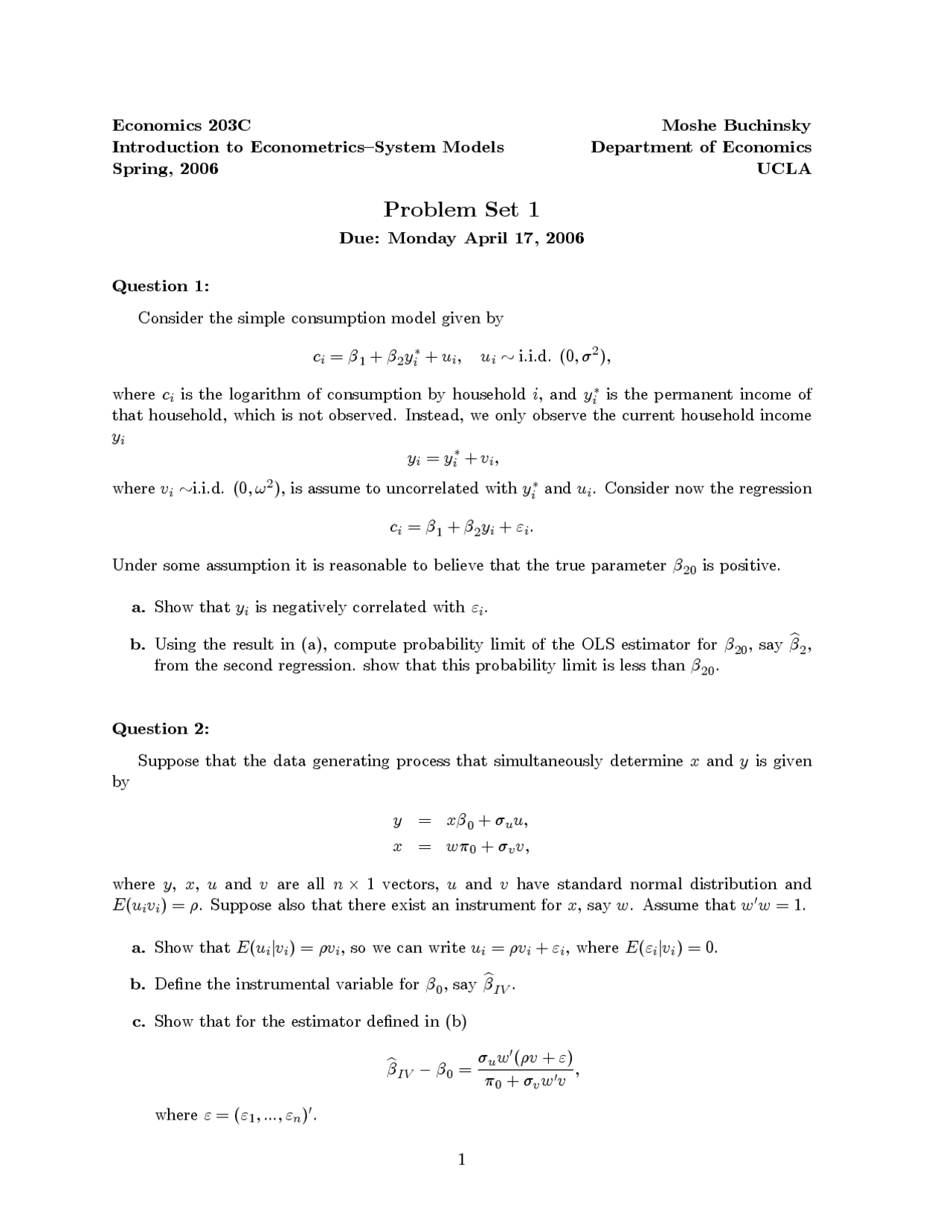 Problems Set 1 Introduction To Econometrics System Models Econ 203a