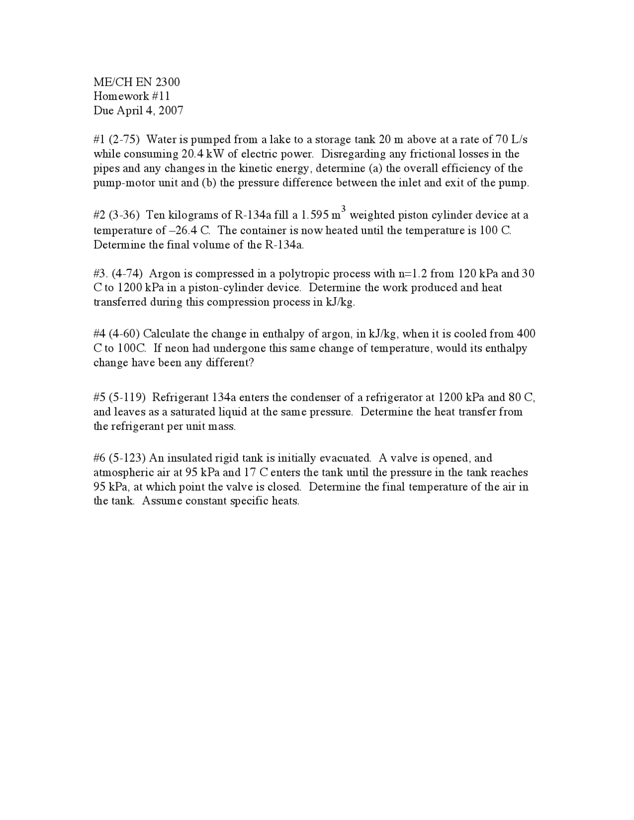6 Questions Of Thermodynamics I Assignment 11 Ch En 2300 Docsity
