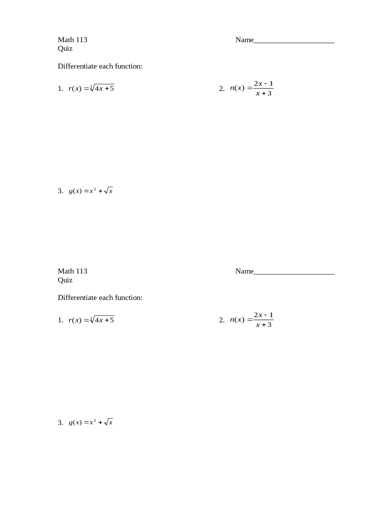 Differentiate The Function Elements Of Calculus Quiz Math 113