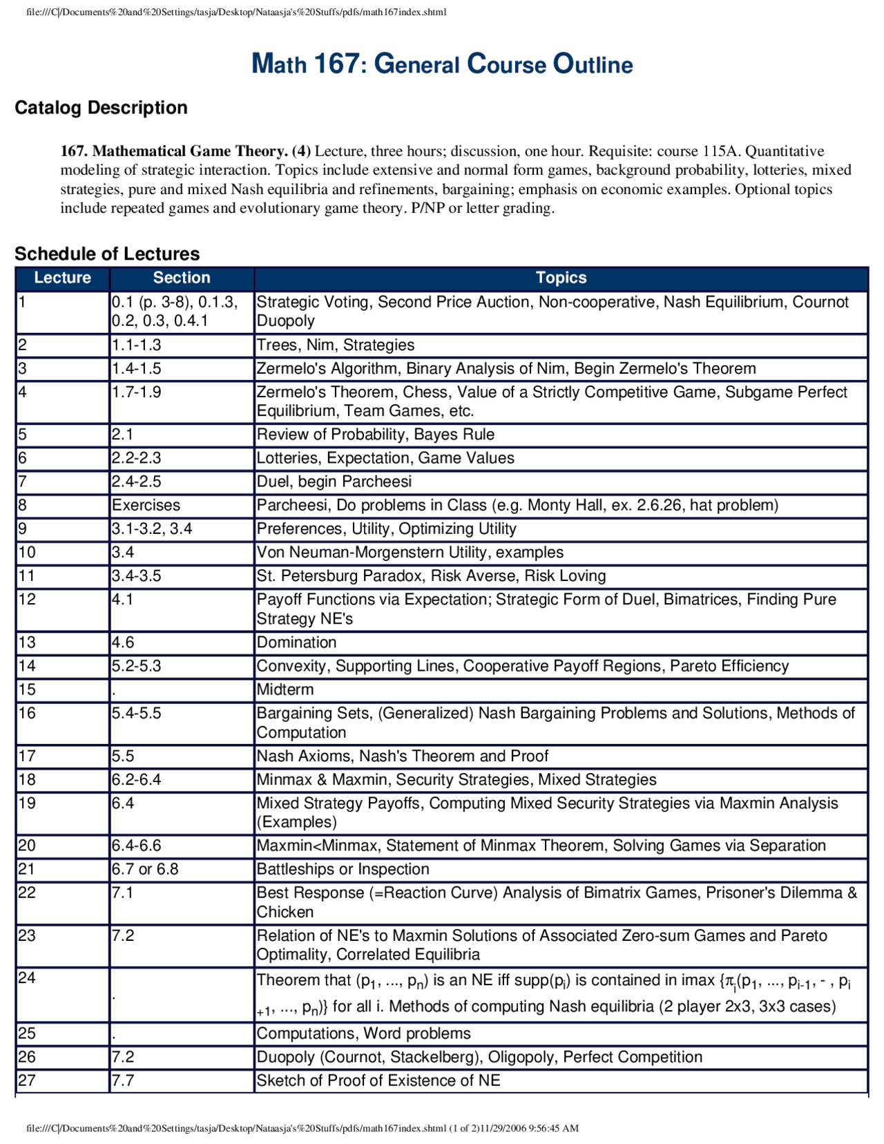 General Course Outline - Mathematics Game Theory | MATH 0167 - Docsity