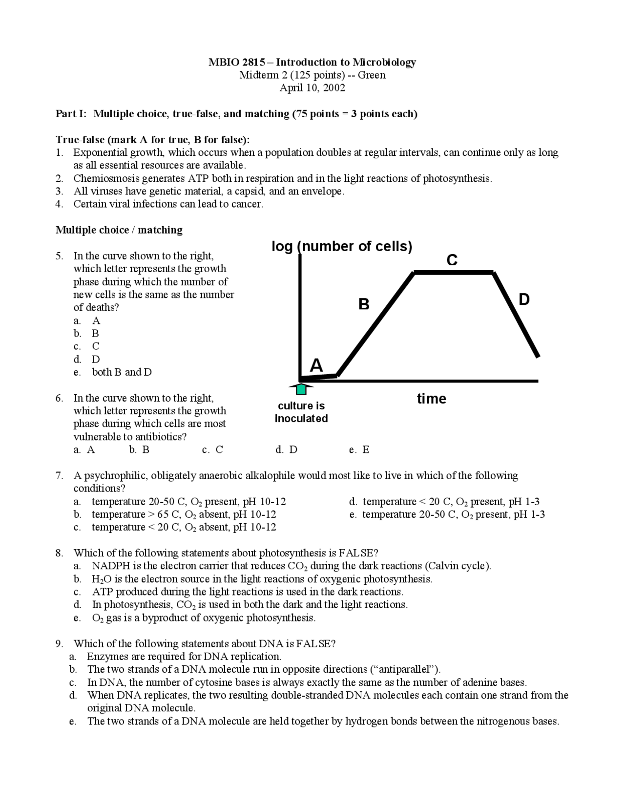 Midterm Exam 2 Introduction To Microbiology Spring 2002 Mbio 2815