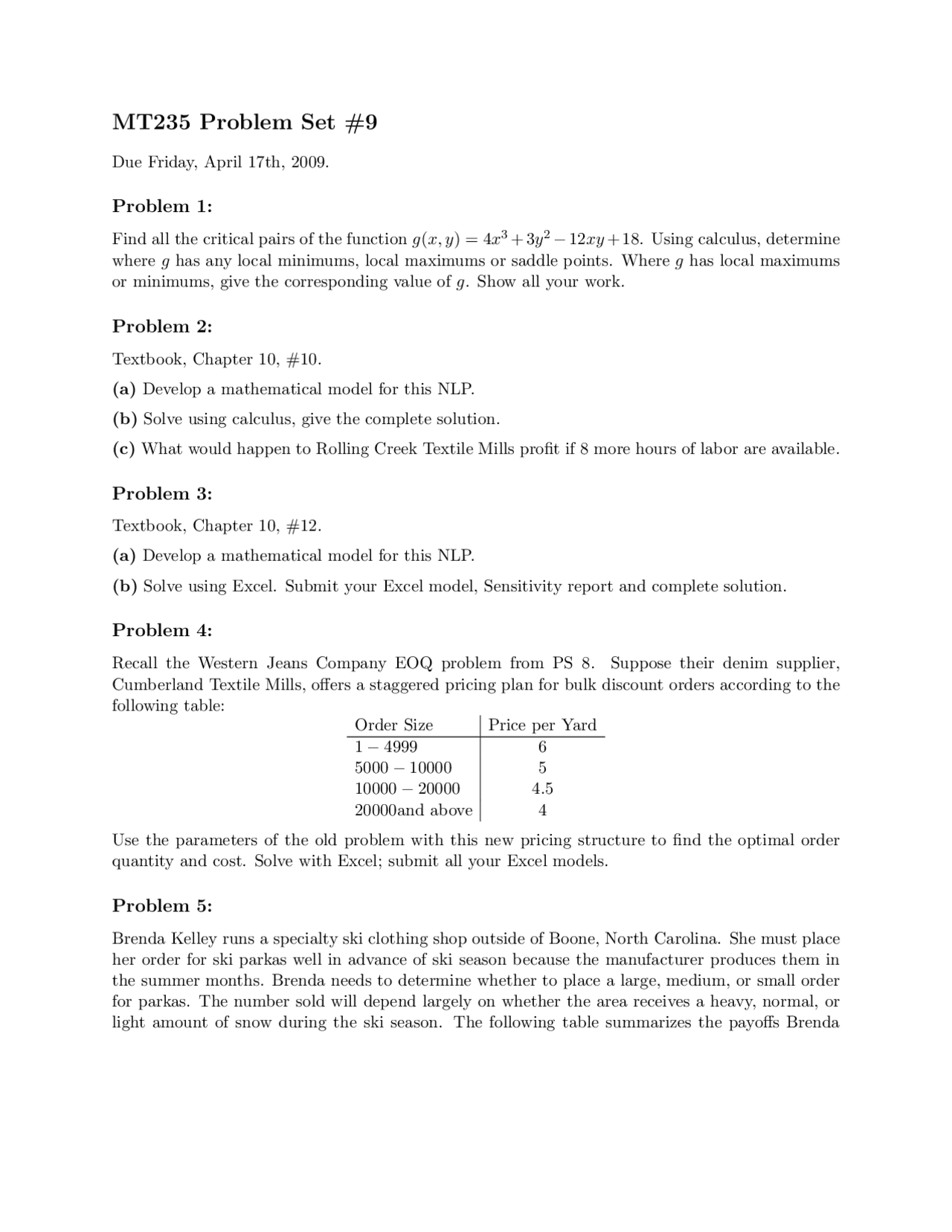 Problem Set 9 - Mathematics for Management Science | MT 235 - Docsity