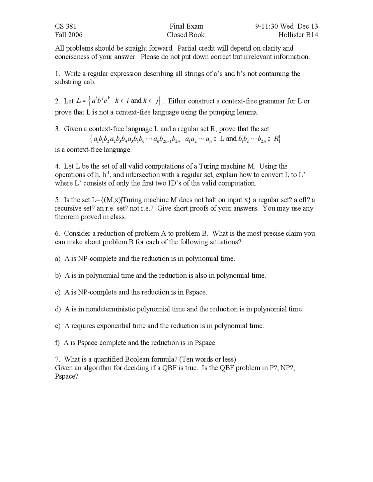 Introduction To Theory Of Computing Final Exam Cs 3810 Docsity