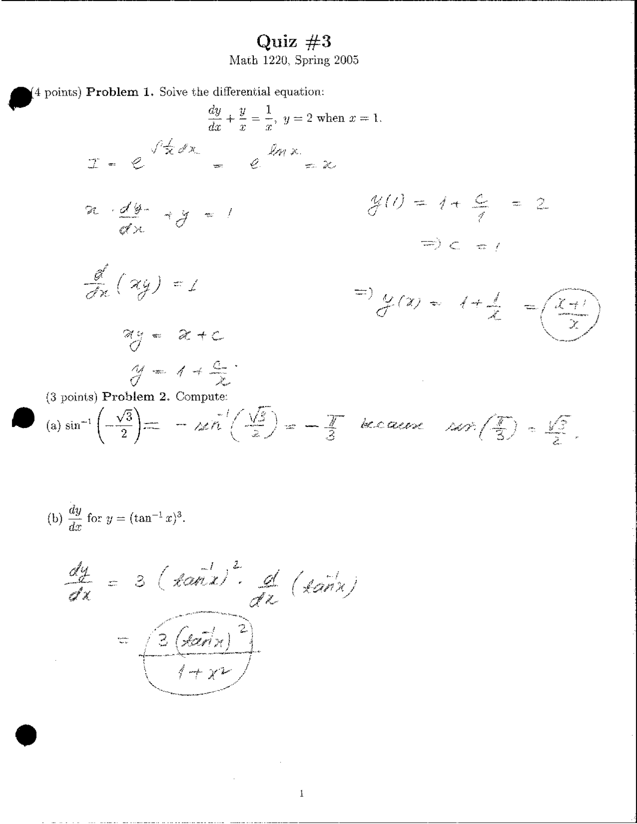 Sample Quiz 3 with Solutions - Calculus II | MATH 1220 - Docsity