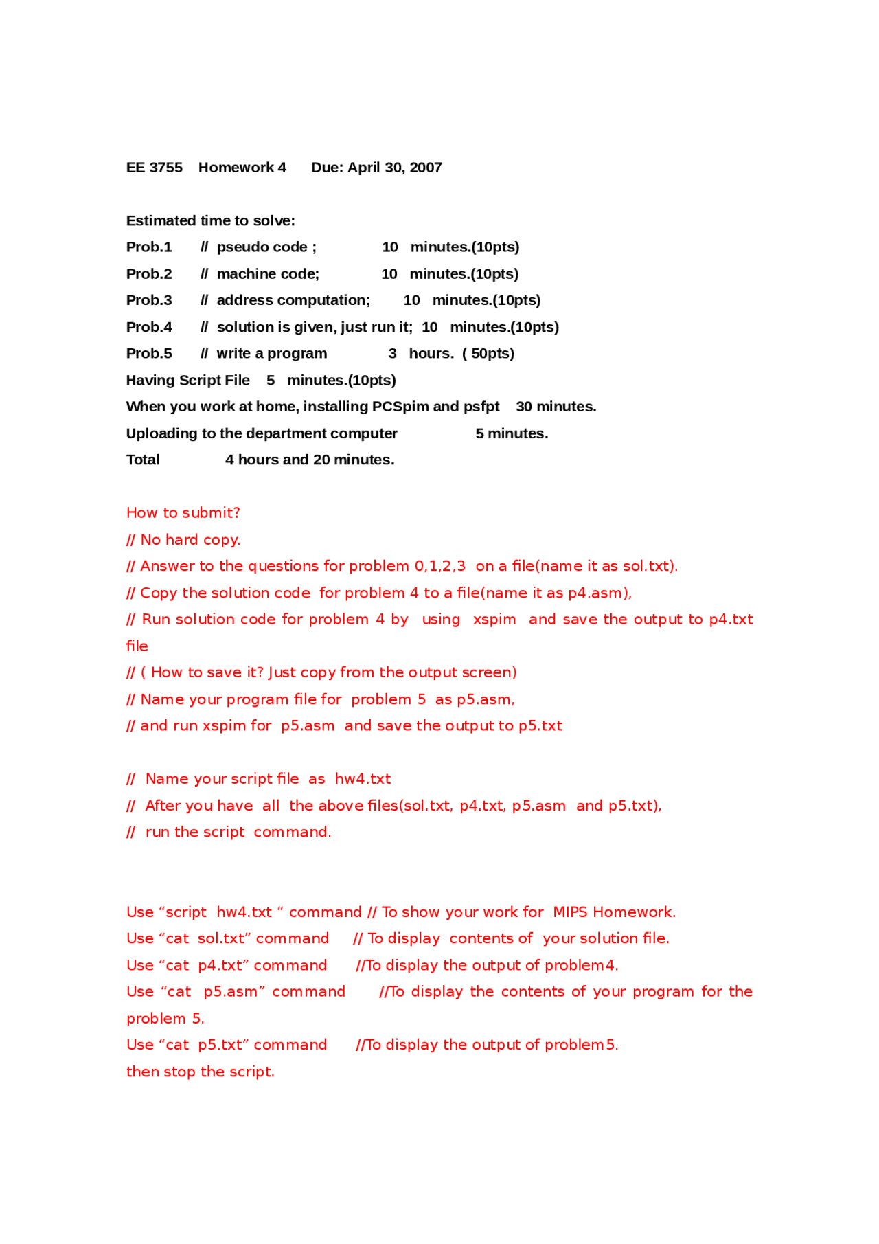 MIPS Homework 4: Solving Problems 0-5 | Assignments Electrical and Electronics Engineering | Docsity
