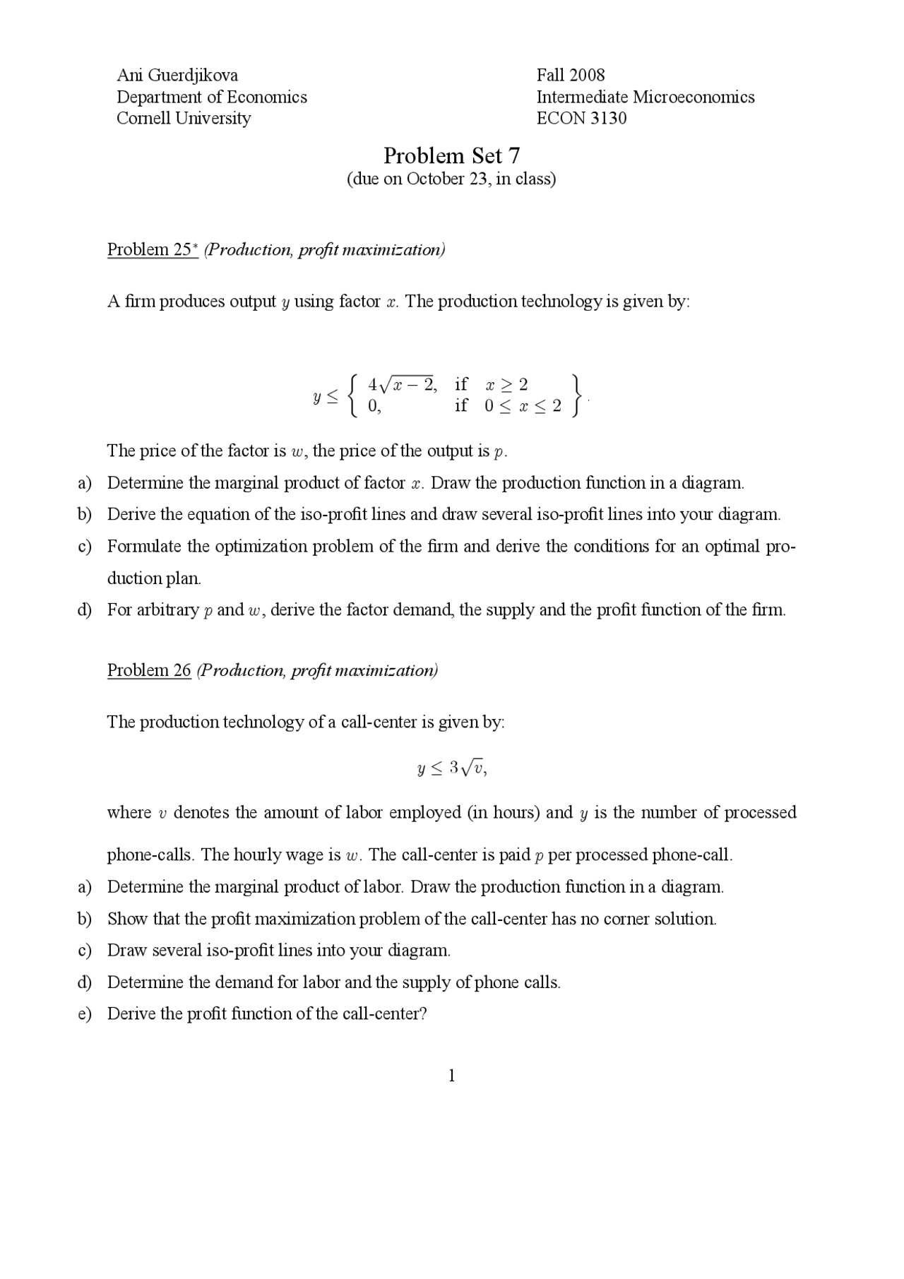 Problem Set 7 Intermediate Microeconomic Theory Econ 3130 Docsity