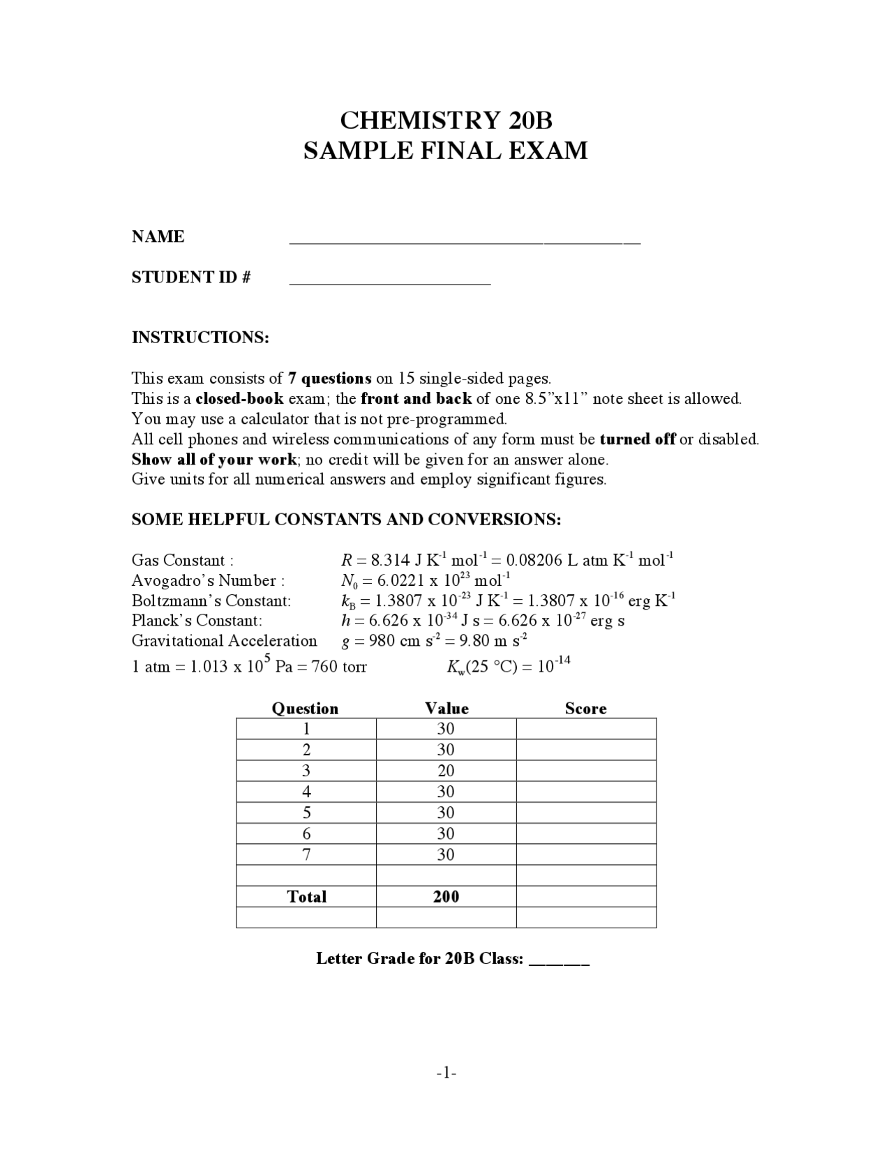 7 Questions on Constants and Conversions - Final Exam | CHEM 0020B ...