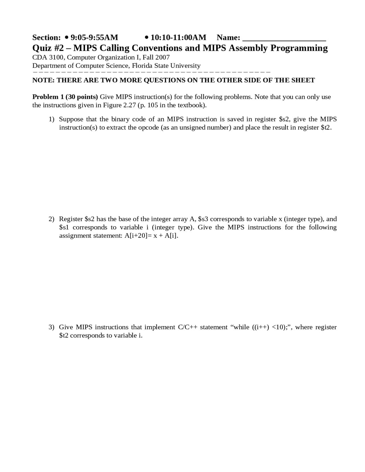 Mips Calling Conventions And Mips Assembly Programming Quiz 2 Cda