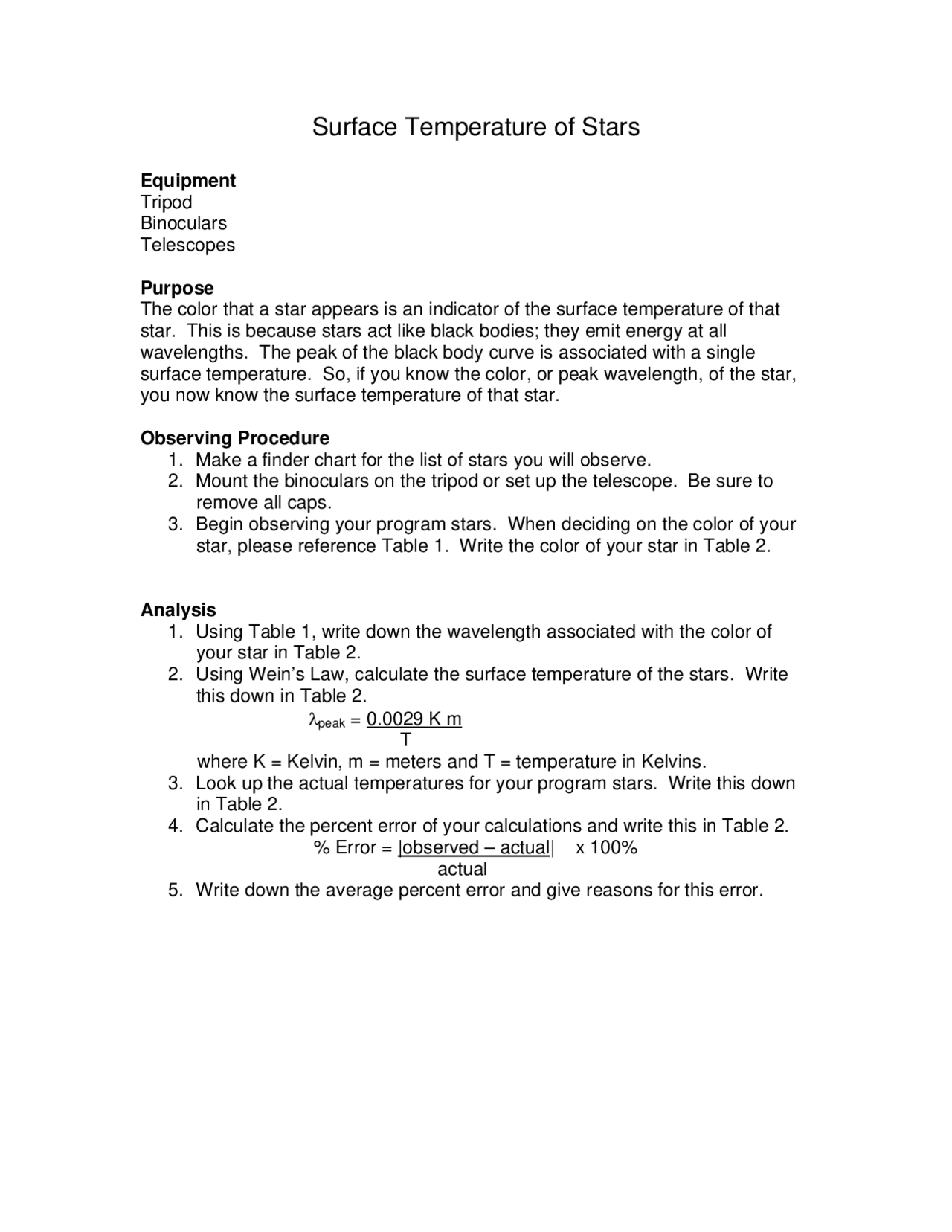 Surface Temperature of Stars - Astronomy Lab | ASTR 1108 - Docsity