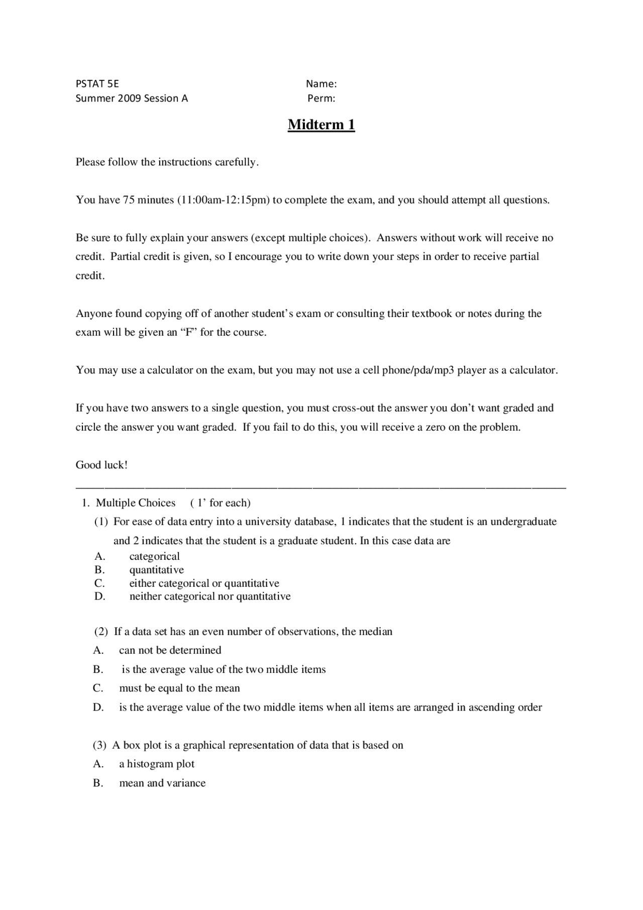 Midterm Exam 1 Music Theory Fall 2009 Mus 5e Docsity