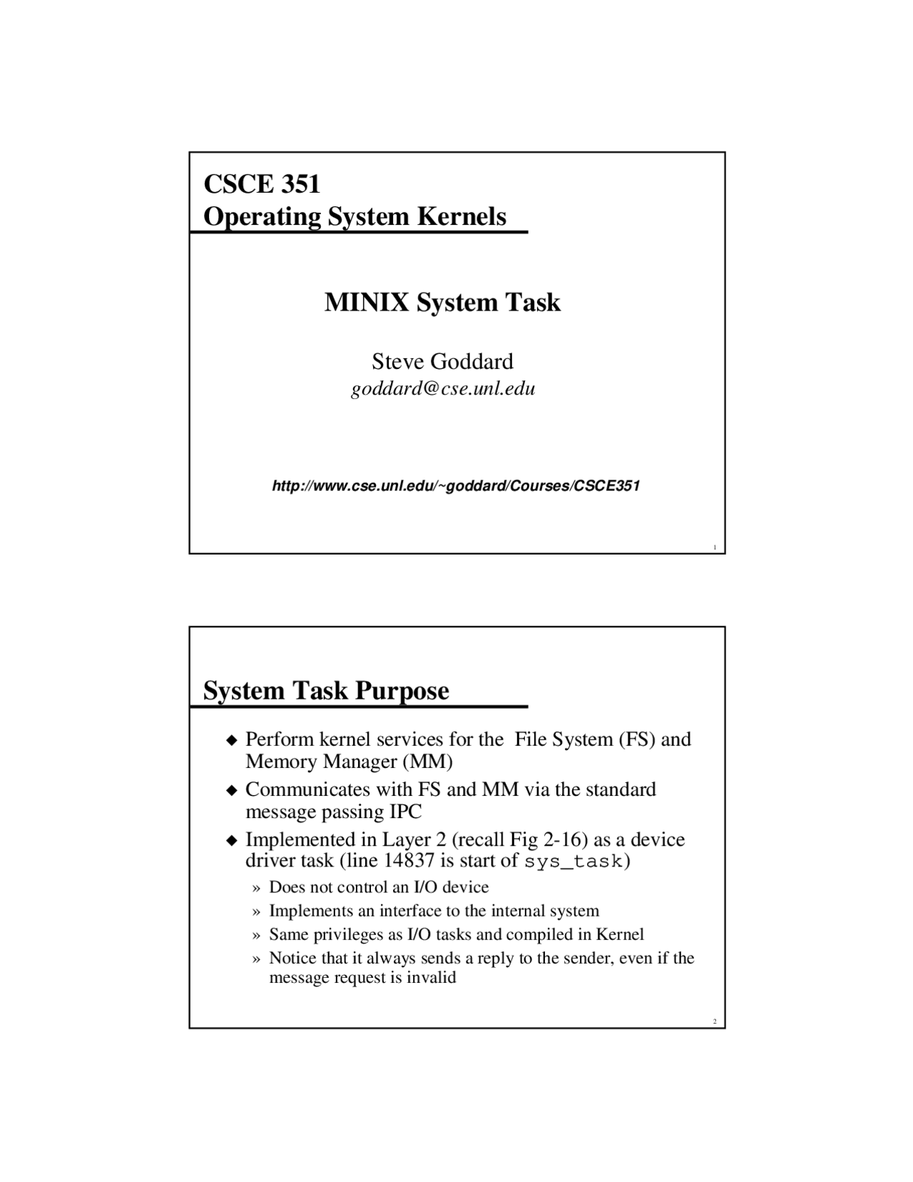 Lecture Slides On Minix System Task Operating System Kernels Csce