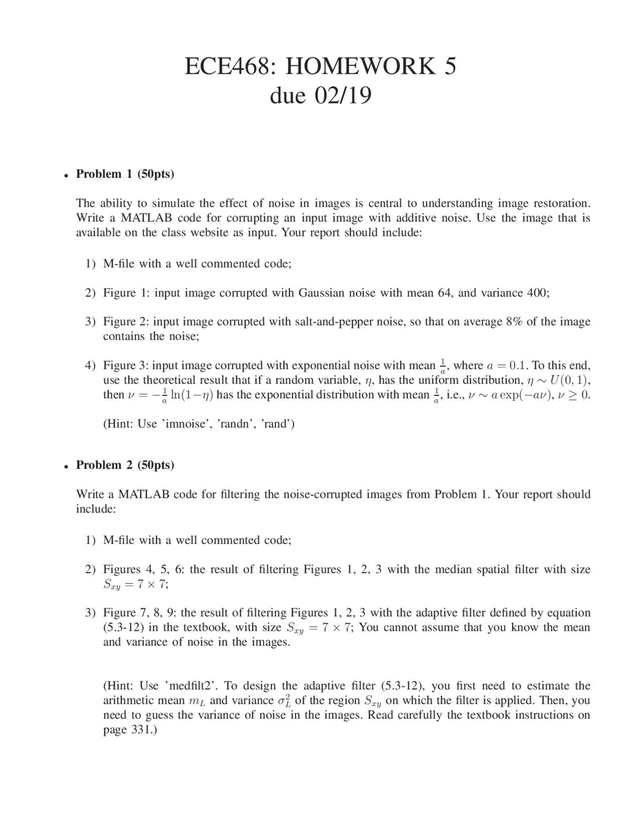 Homework 5 Problems Digital Image Processing Ece 468 Docsity