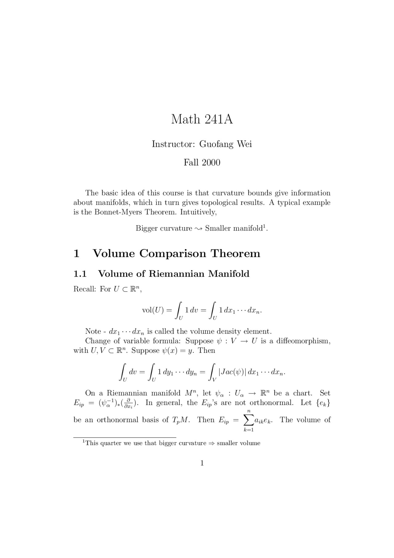 Volume Comparison Theorem Lecture Notes Math 241a Papers Mathematics Docsity